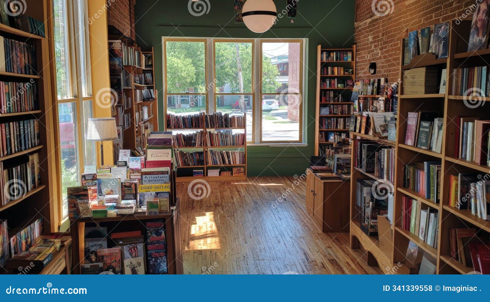 A Bookstore Interior with Bookshelves and a Window View Stock ...