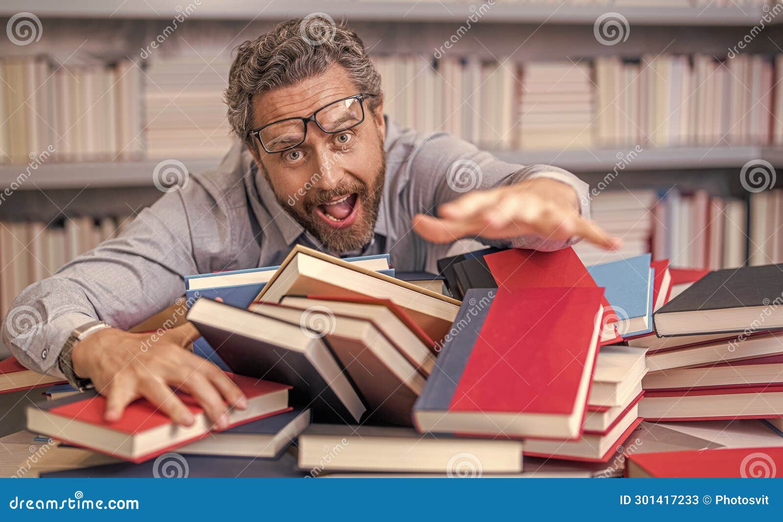 Bookworm Teacher at Lesson or Exam. Man Book Lover in Library. School ...