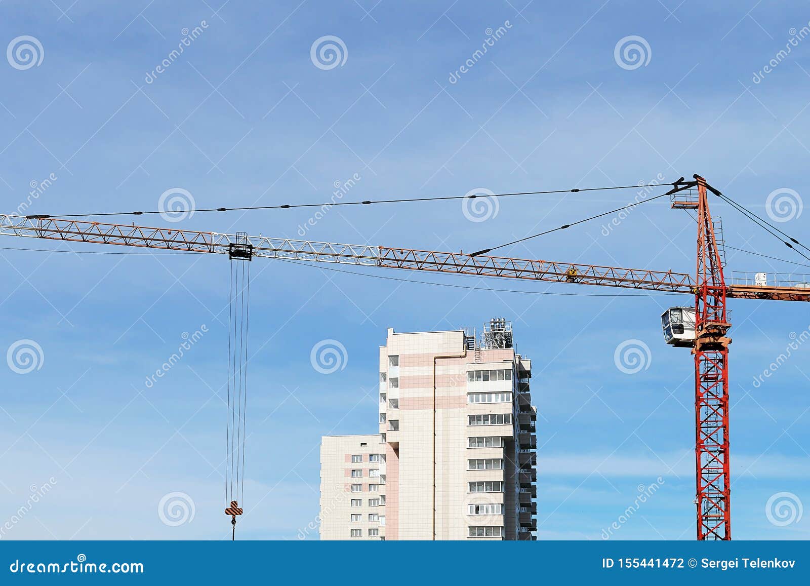 Boom Crane on the Construction of a High-rise Building. Blue Sky, High ...