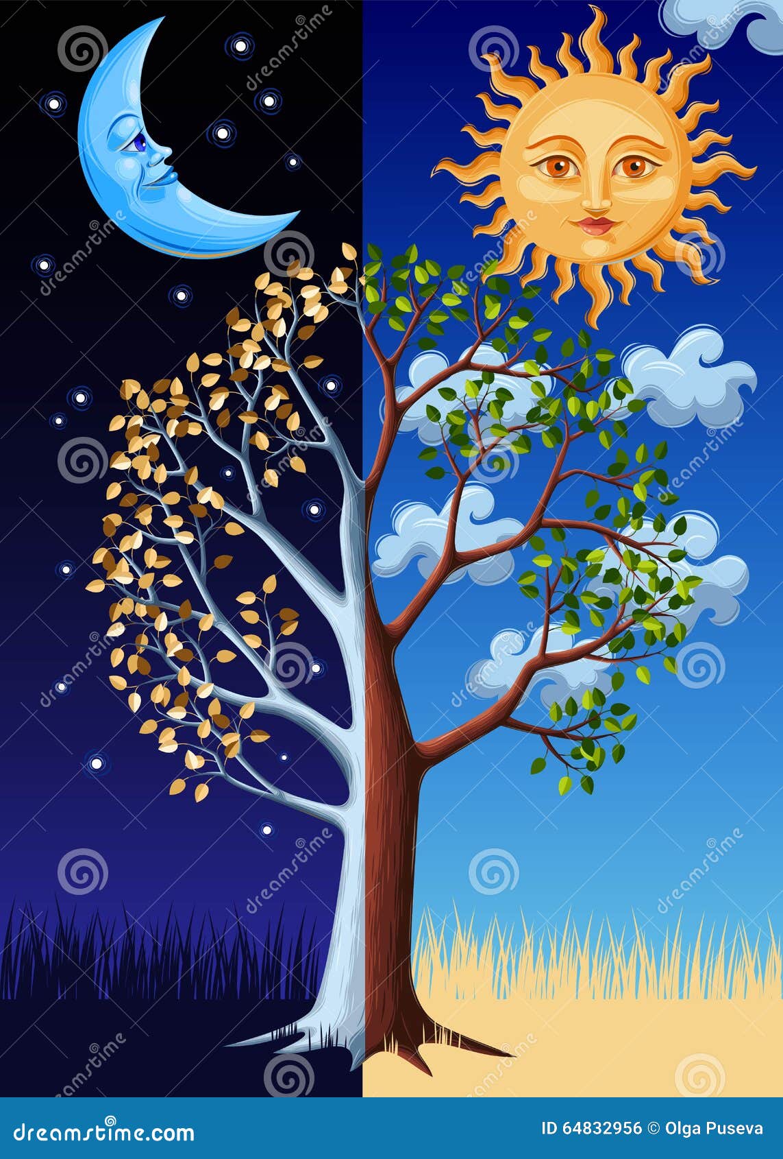 Boom, zon en maan vector illustratie. Illustration of zonneschijn ...