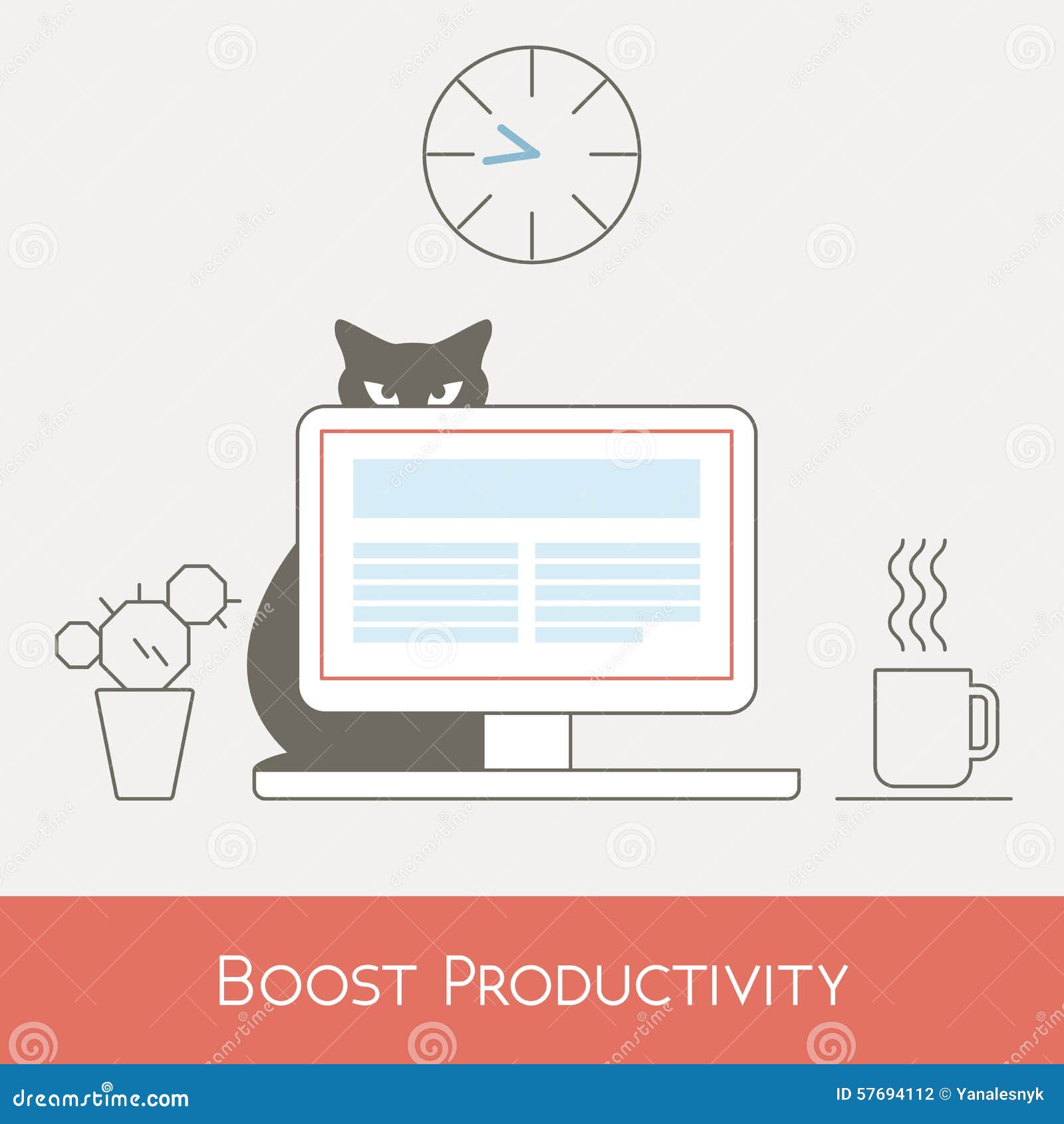 Boost Work Productivity at Office Desk Computer, Line Vector ...