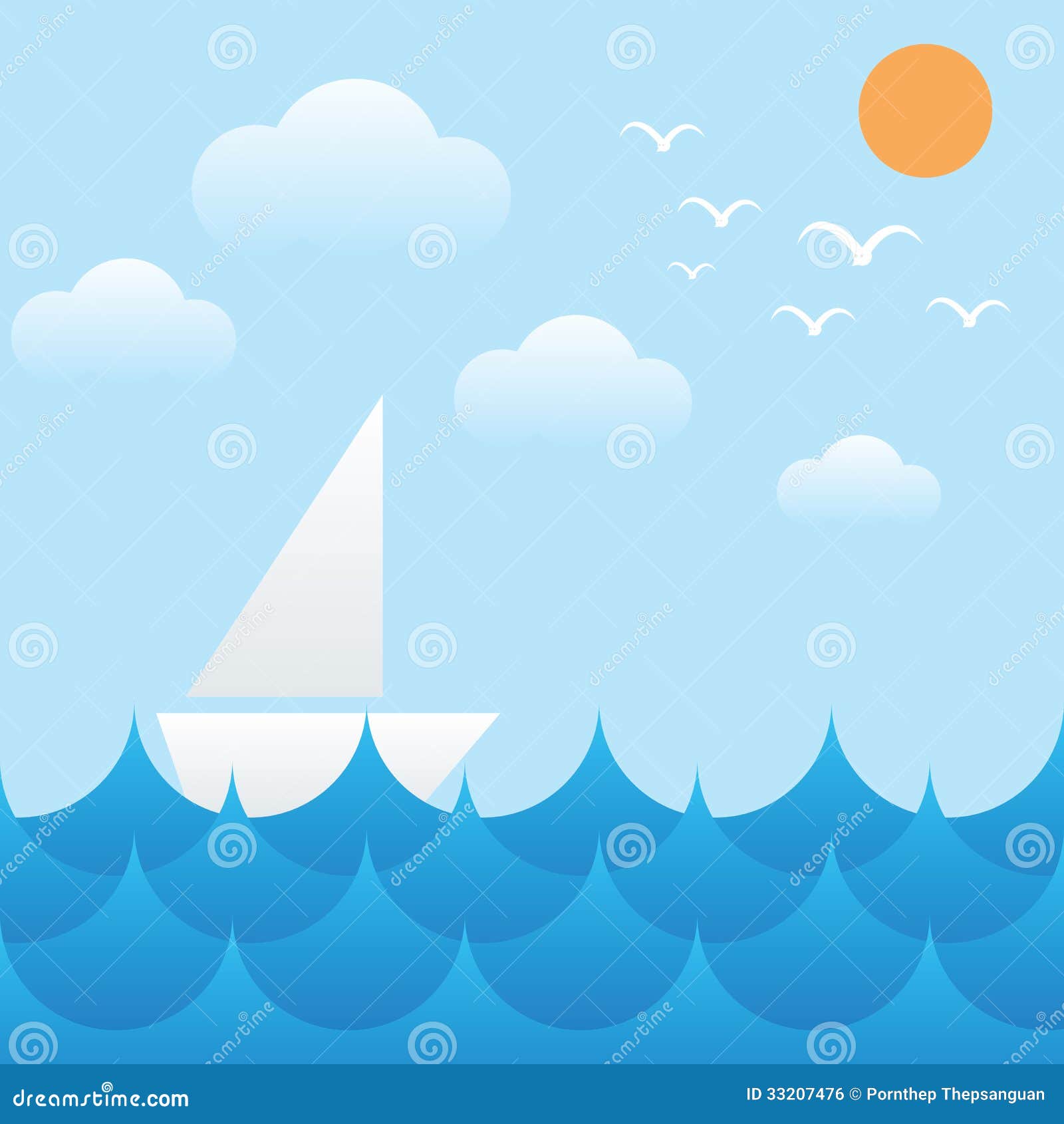Boot Op Zee Golven, Zon, Hemel En Wolk Vector Illustratie ...