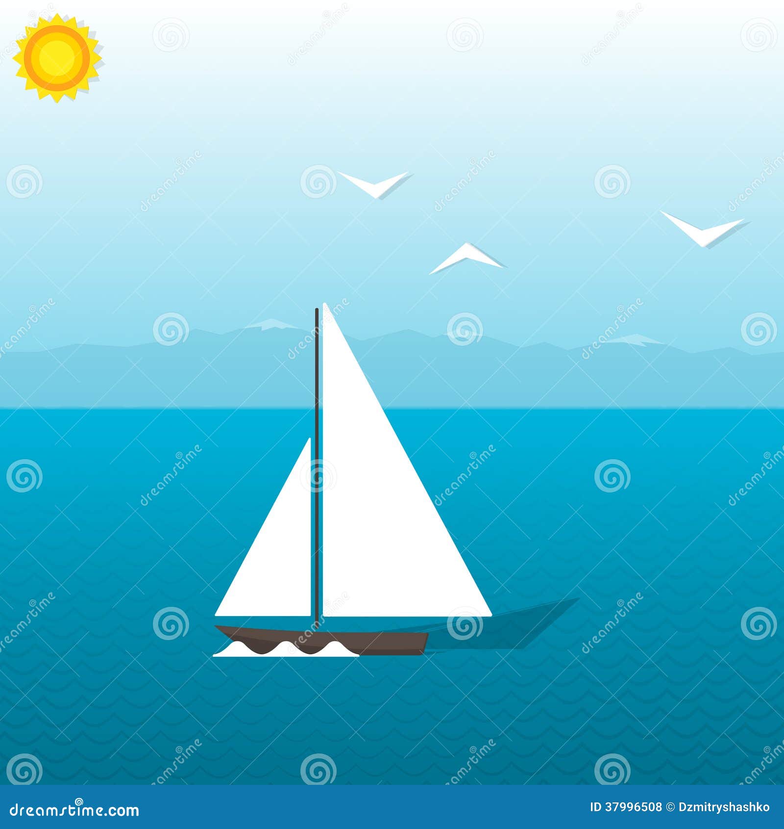 Boot Op Zee Op Achtergrond Van Bergen Vector Illustratie - Illustration ...