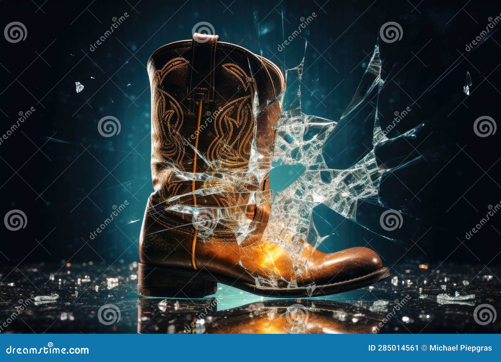 A Boot Steps into a Shattering Pane of Glass on a Dark Background ...