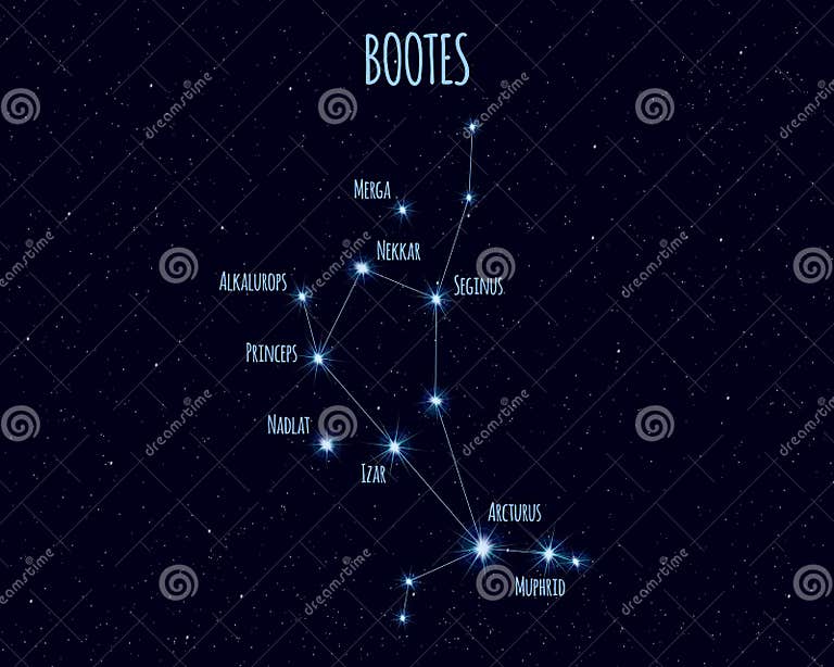 Bootes Constellation, Vector Illustration with the Names of Basic Stars ...