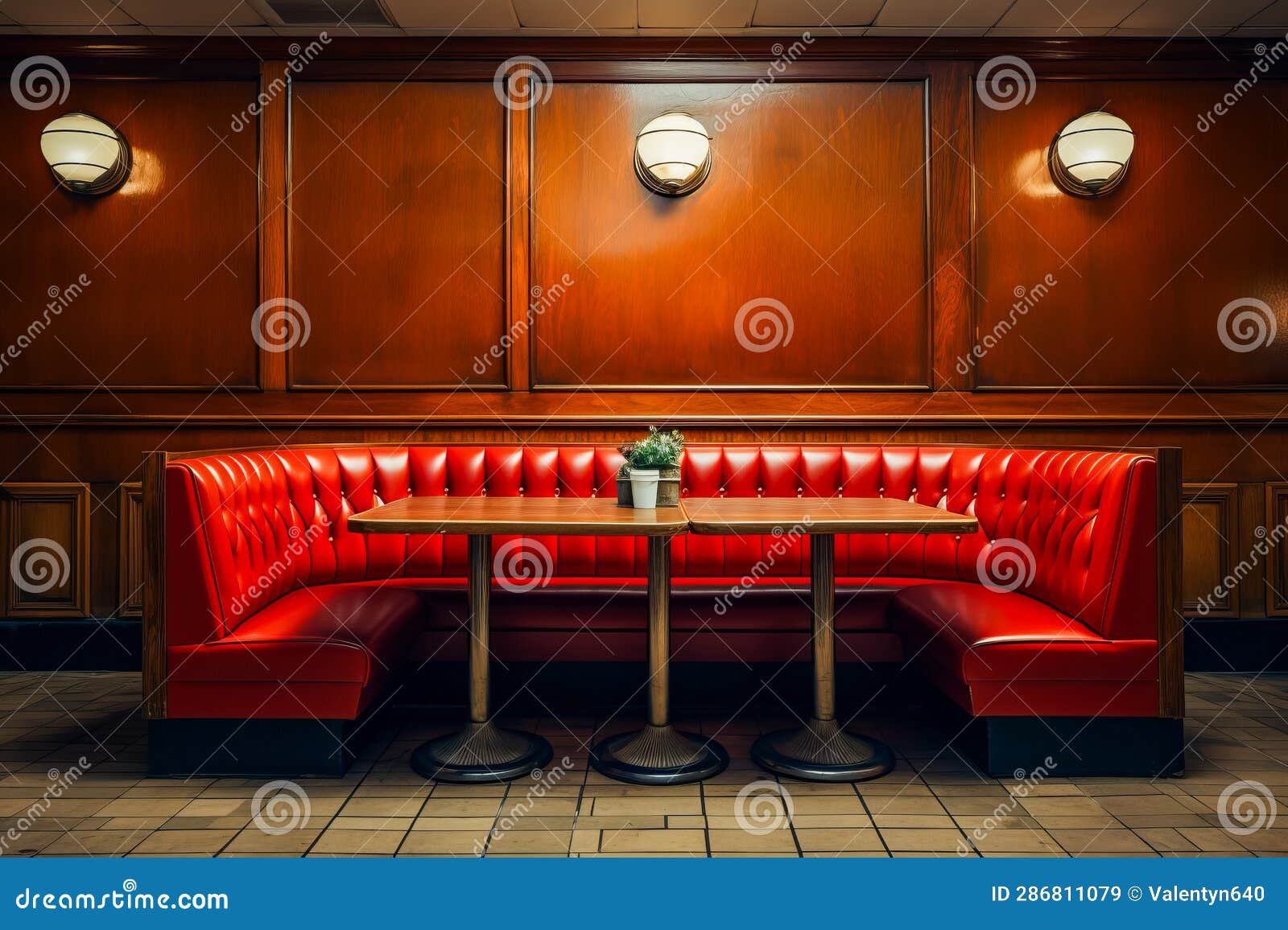 Booth with Red Leather Booths and Table with Potted Plant. Generative ...