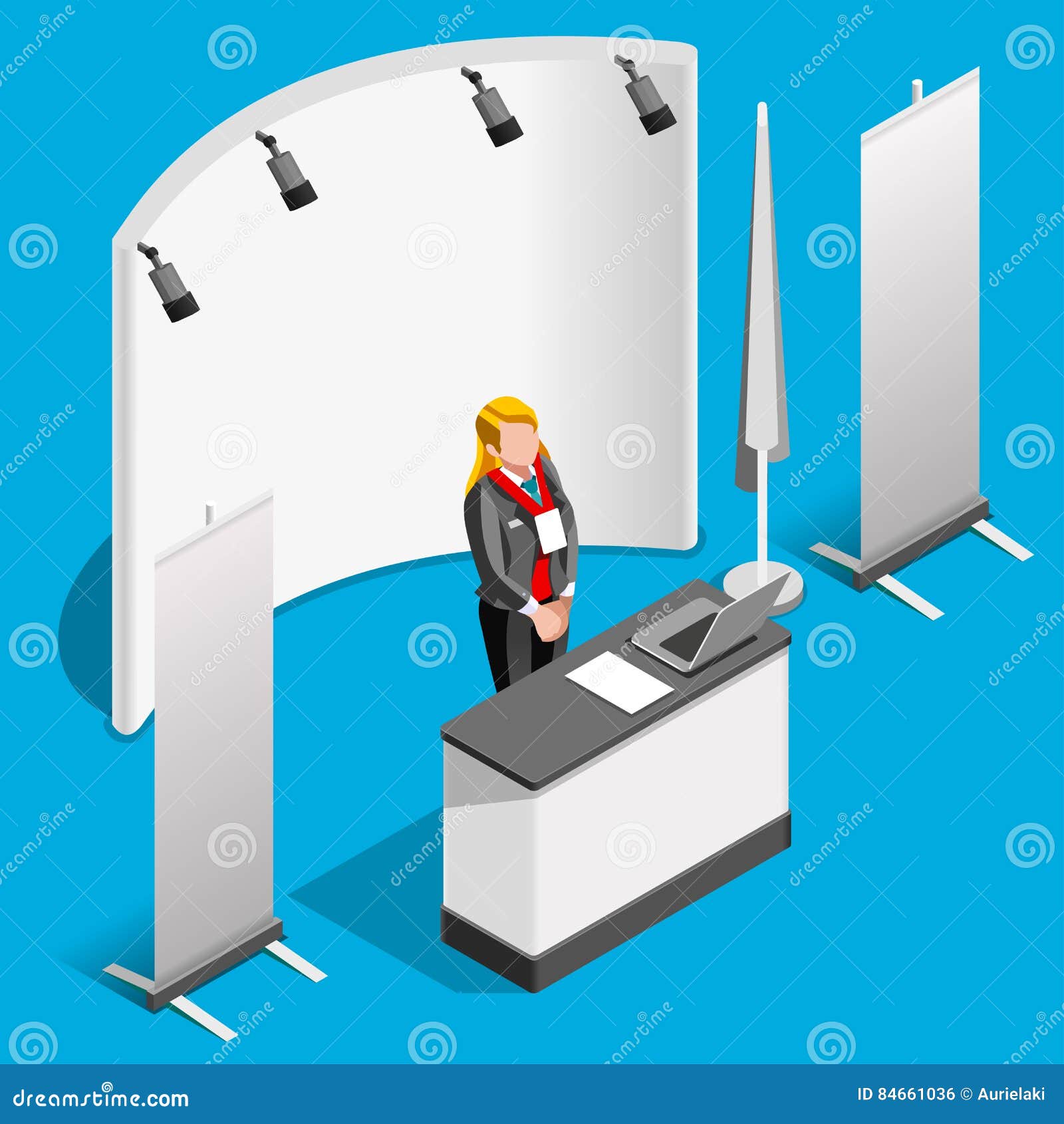 Booth Stand 3D Exhibition Isometric People Vector Illustration Stock ...