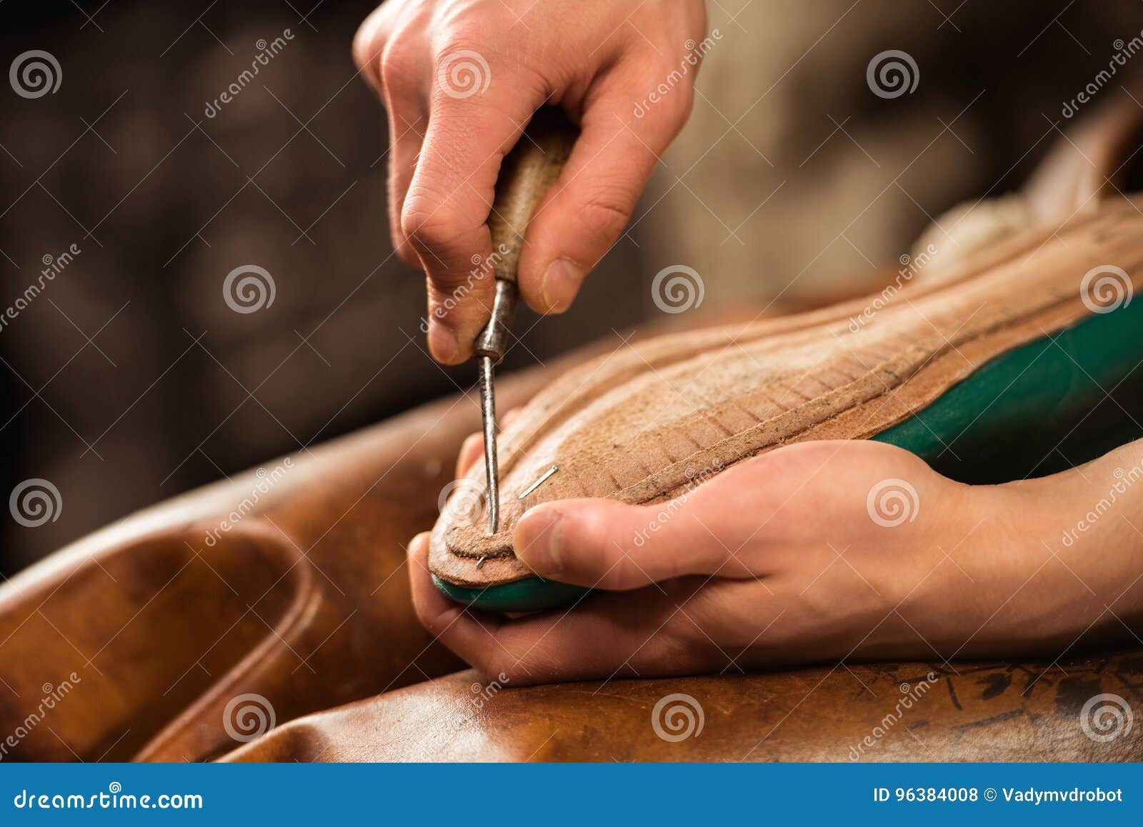 Bootmaker Sitting in Workshop Making Shoes Stock Photo - Image of ...
