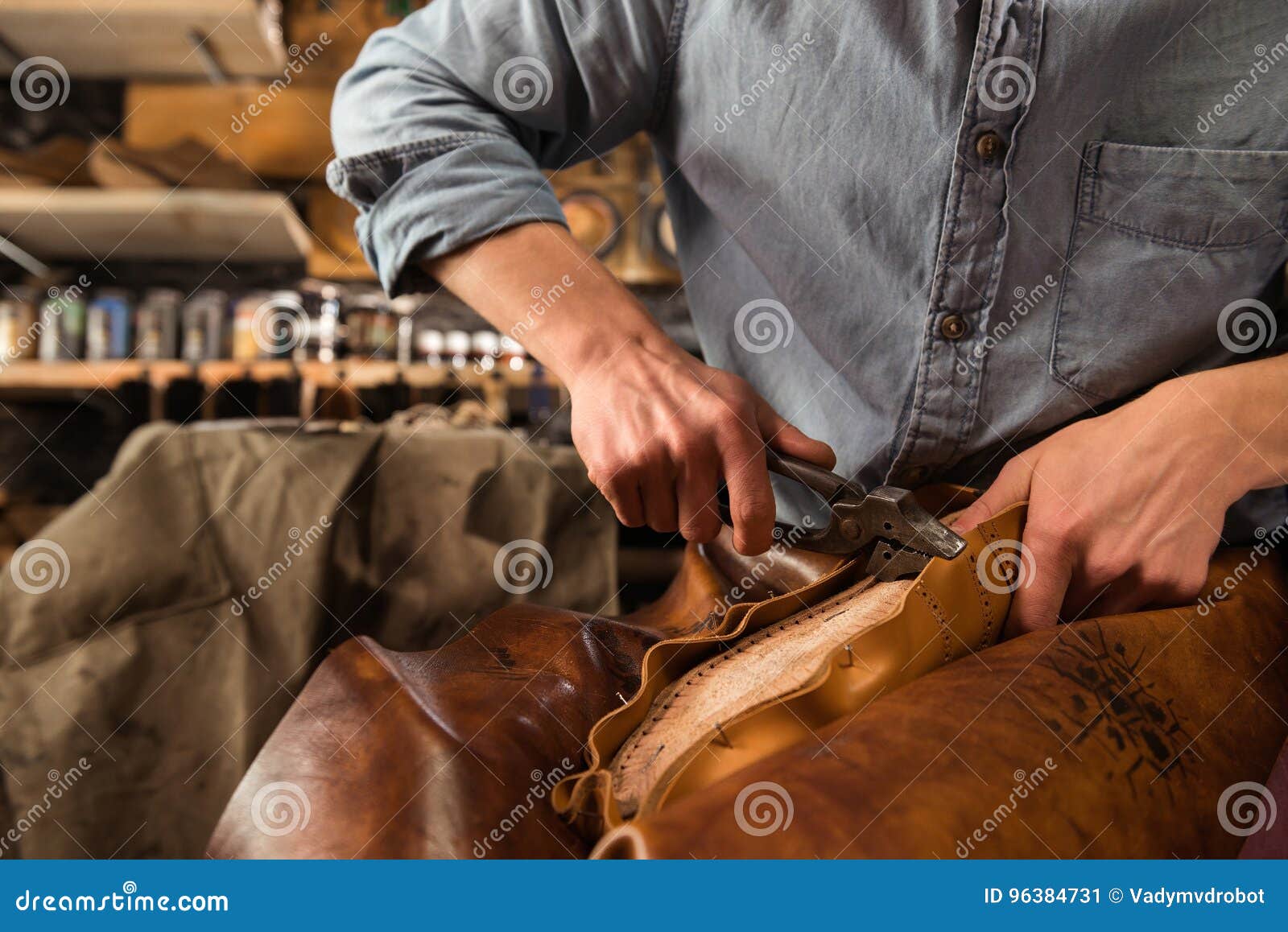 Bootmaker Sitting in Workshop Making Shoes Stock Image - Image of ...