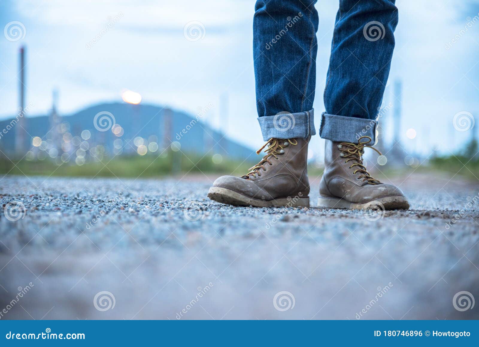 Boots Safety Worker at Construction Site. Engineer Wear Jeans and Brown ...