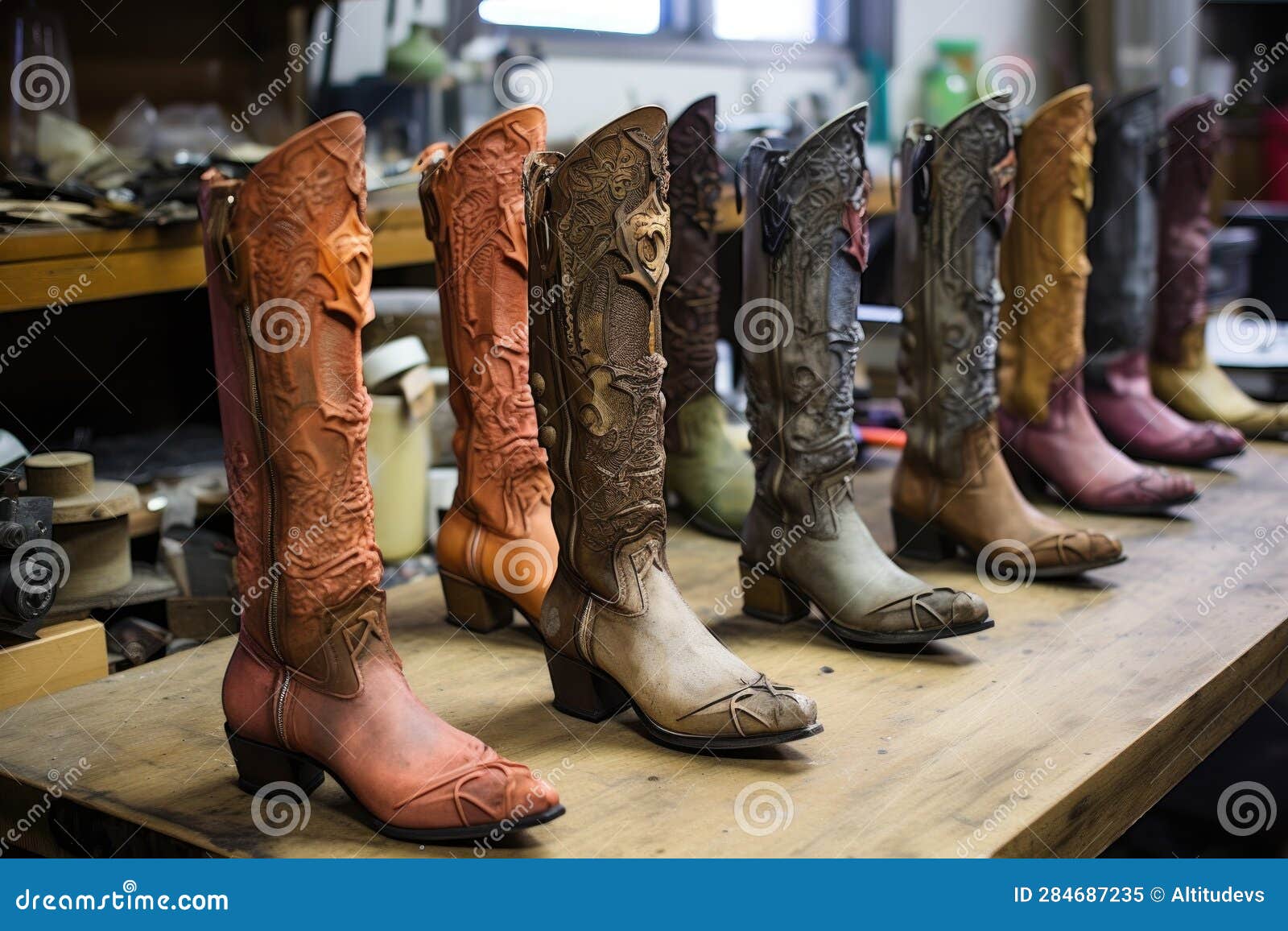 Boots in Various Stages of Production on Workbench Stock Illustration ...