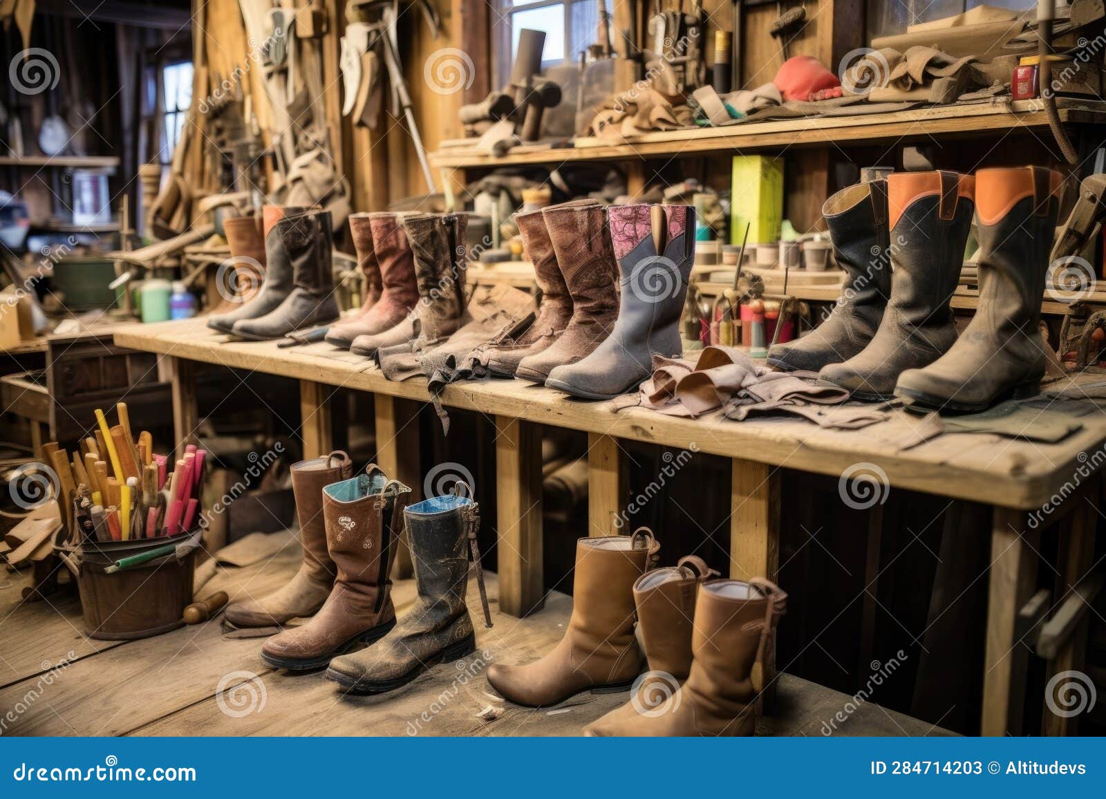 Boots in Various Stages of Production on Workbench Stock Illustration ...