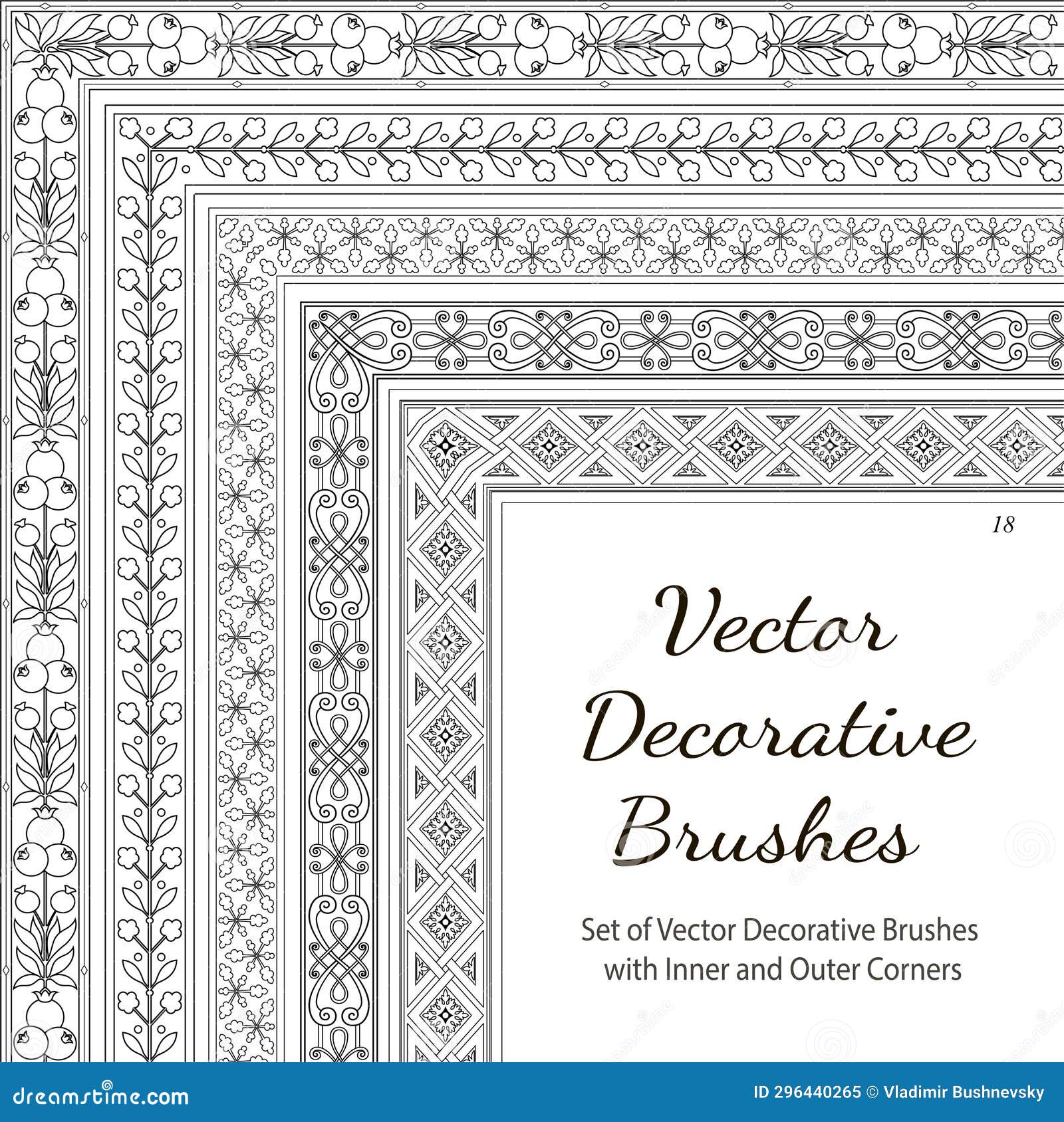 Vector Decorative Brushes with Inner and Outer Corners. Seamless Borders for Patterned Frames ...