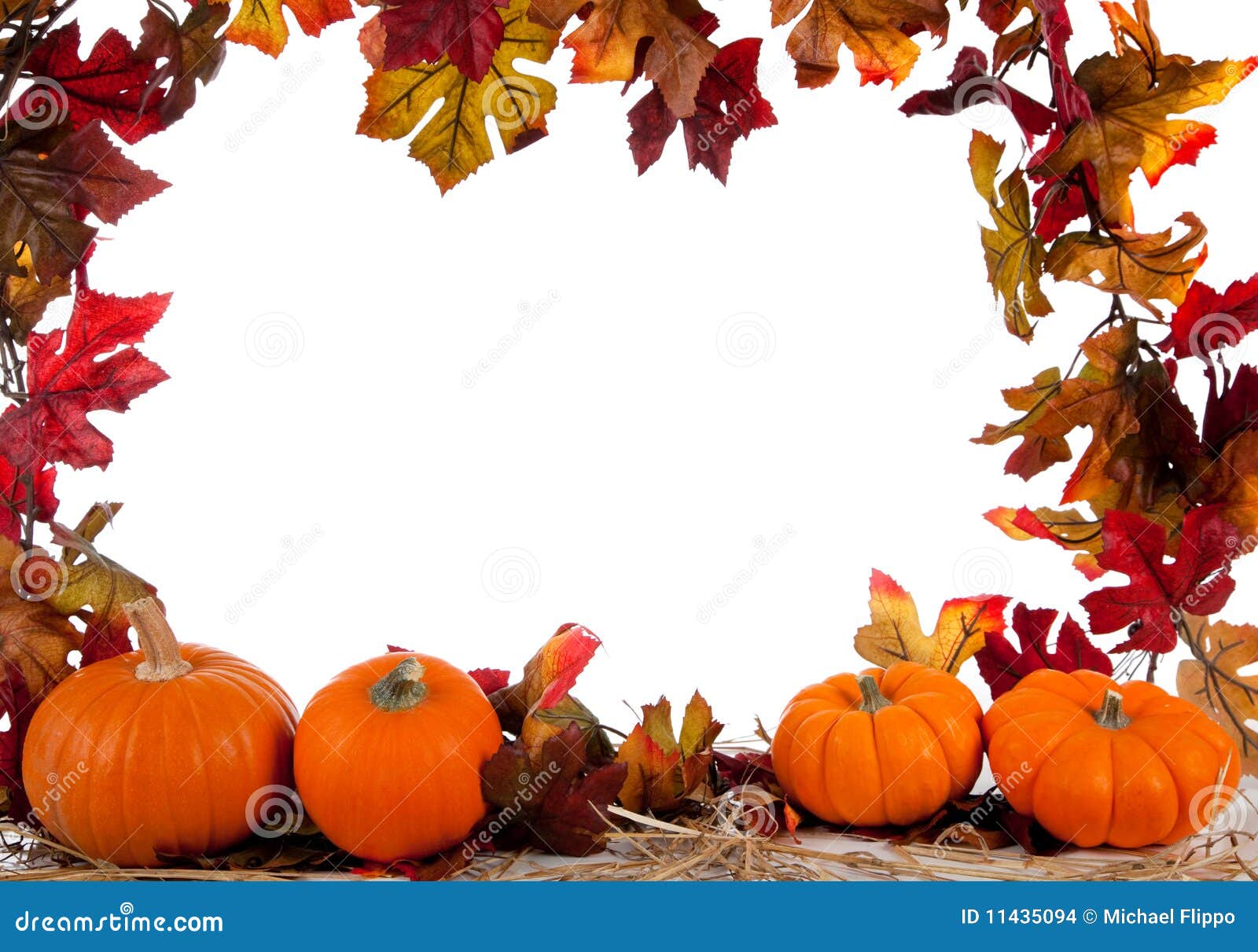 Border of Assorted Sizes of Pumpkins on Hay Stock Photo - Image of ...