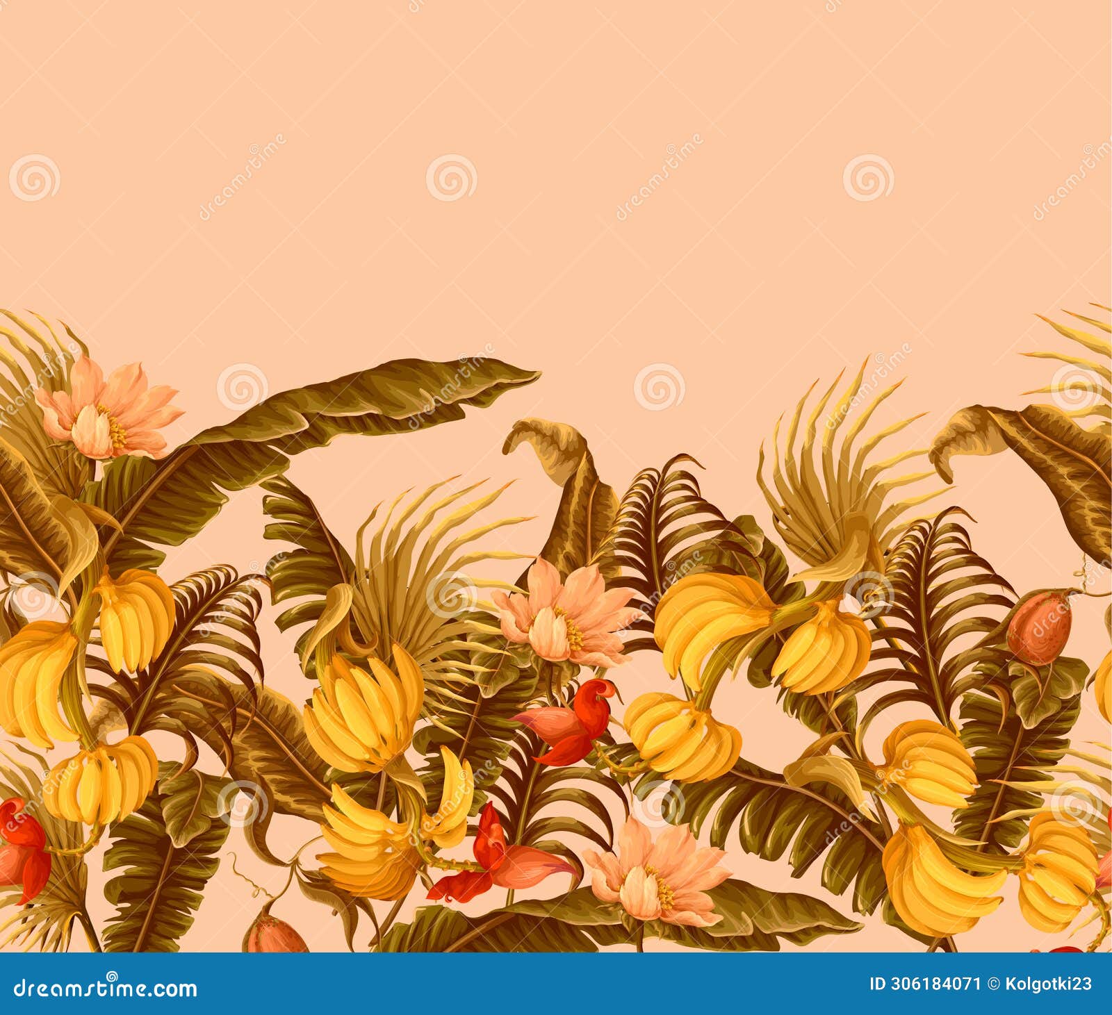 Border with Banana Fruits and Leaves. Vector. Stock Illustration ...