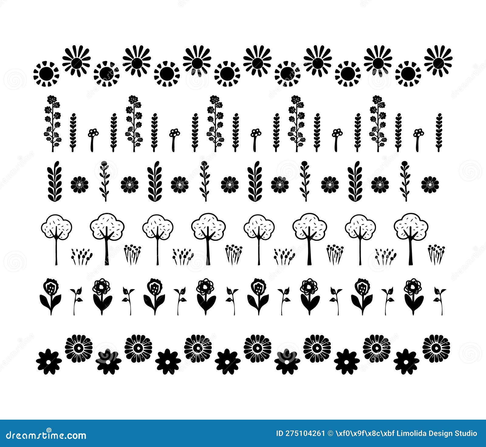 Border of Botanical Leaf Sprigs in Vector Low Brow Style. Block Print ...