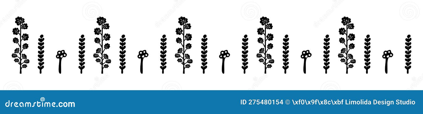 Border of Botanical Leaf Sprigs in Vector Low Brow Style. Block Print ...