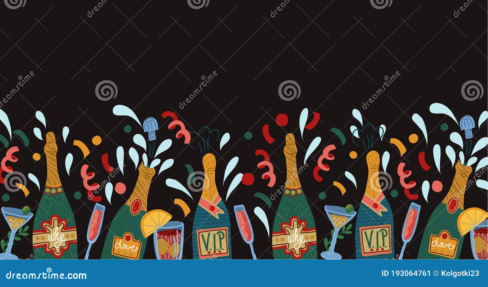Border with Bottles of Champagne and Glasses. Vector. Stock Vector ...