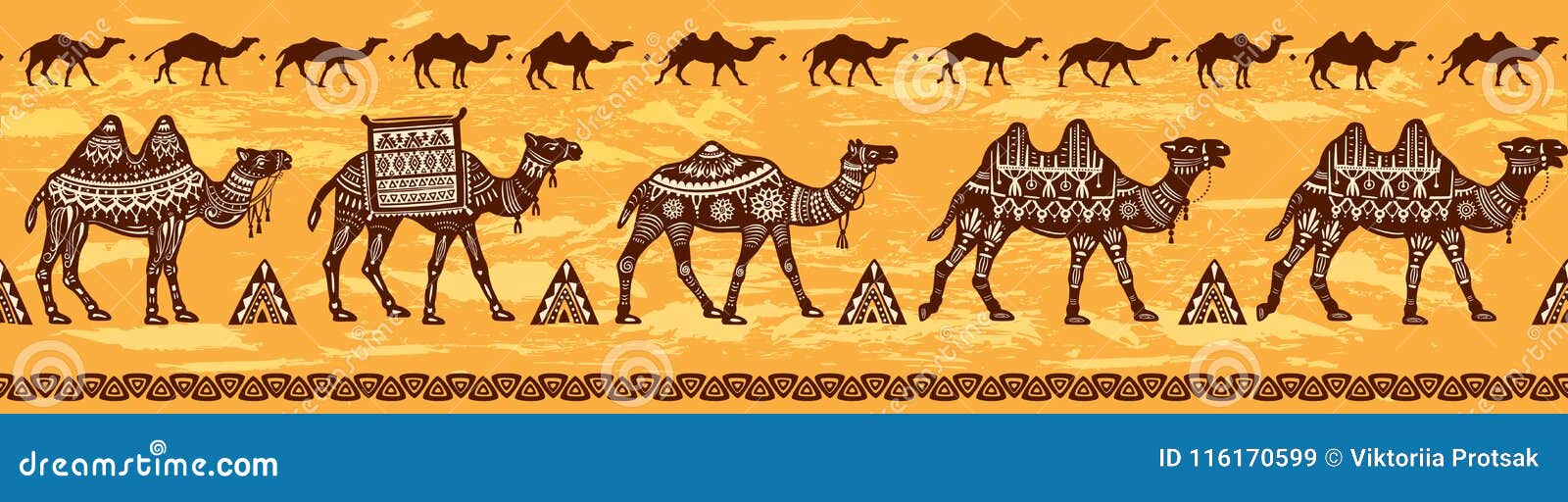 Border with Camel Caravan and Ethnic Motifs Stock Vector - Illustration ...