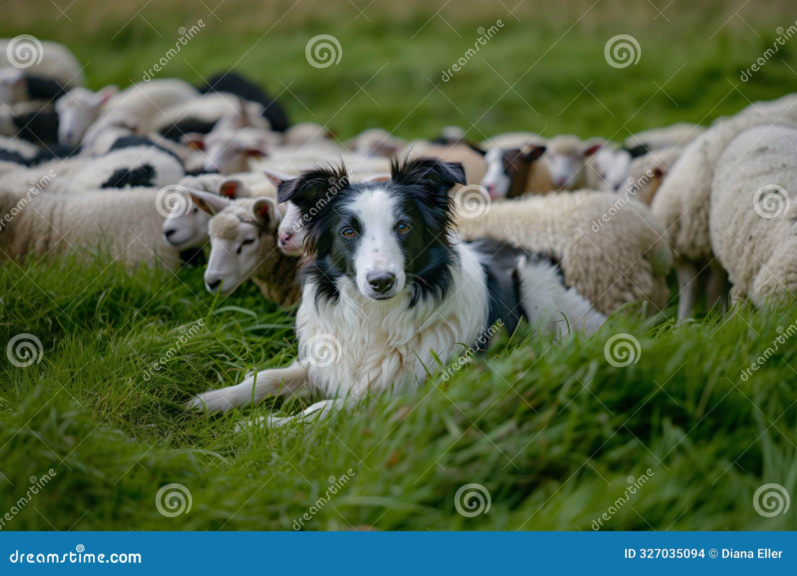 Border Collie with Herd of Sheep on Field Stock Illustration ...