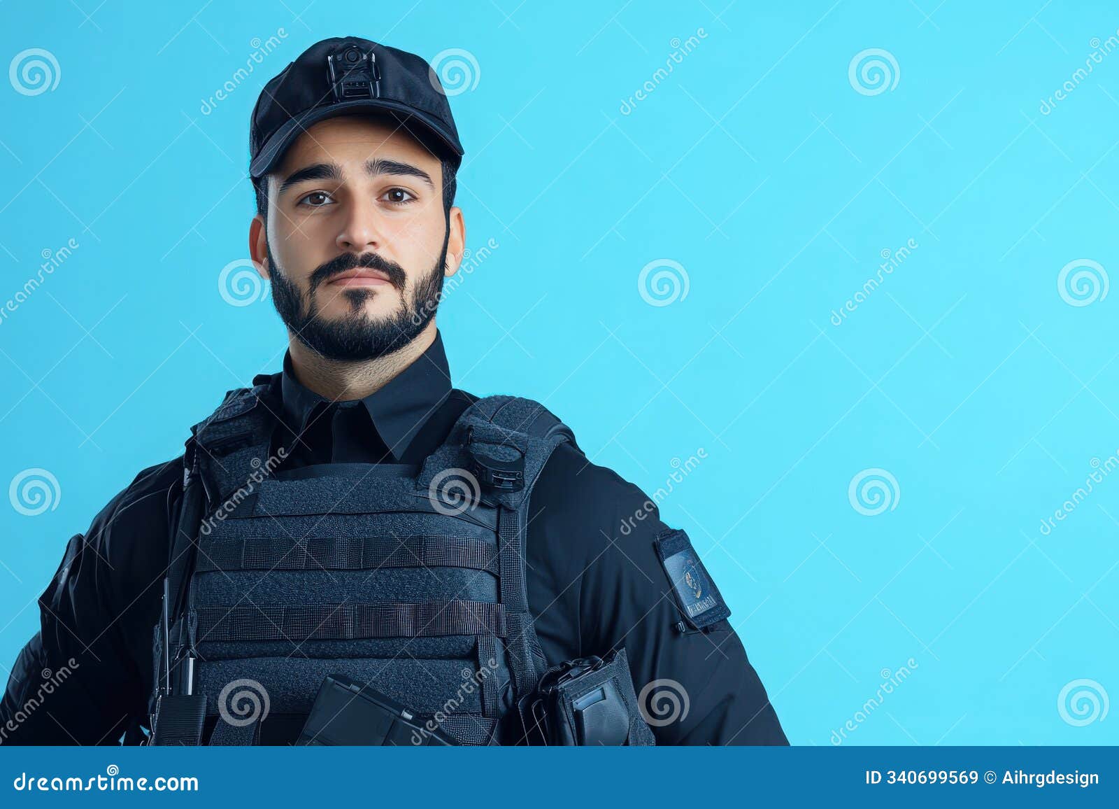 Border Control Officer in Tactical Uniform Poses Against a Clean Blue ...