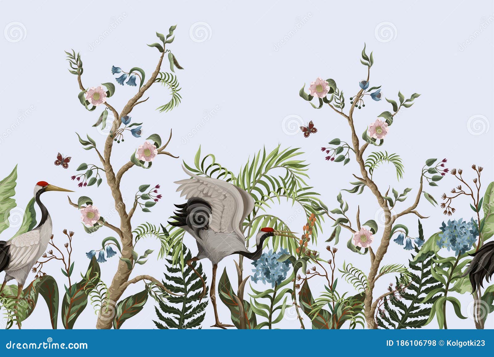 Border With Cranes And Peonies In Chinoiserie Style. Vector ...