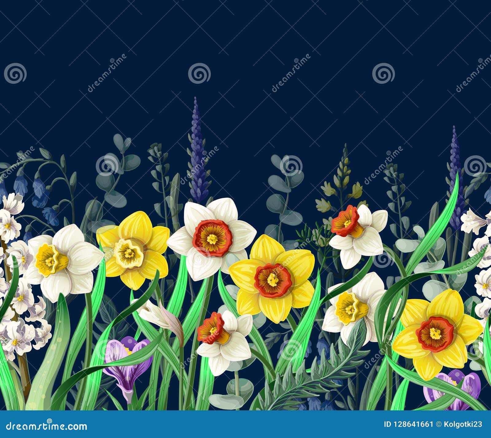 Border with Daffodils and Wild Flowers. Vector. Stock Vector ...