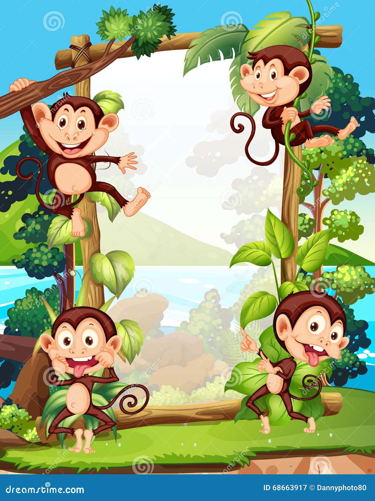 Border Design with Four Monkeys Stock Vector - Illustration of animal ...