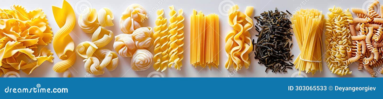 A Border of Different Types of Raw Pasta Arranged in a Line White ...