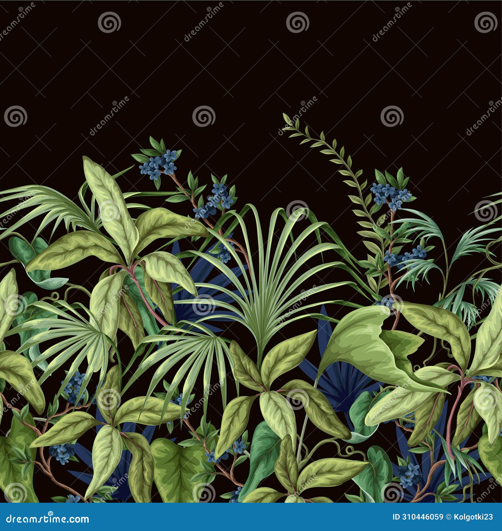 Border with Exotic Trees, Leaves and Flowers. Vector. Stock Vector ...