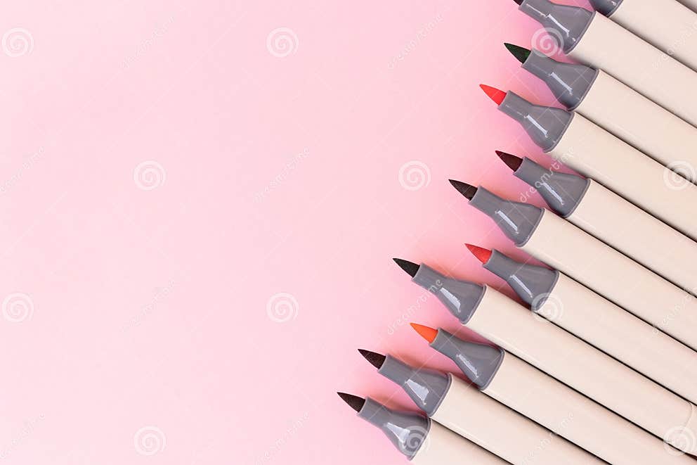 Border Frame Made of Felt Tip Pens on a Pink Background. Stock Image ...