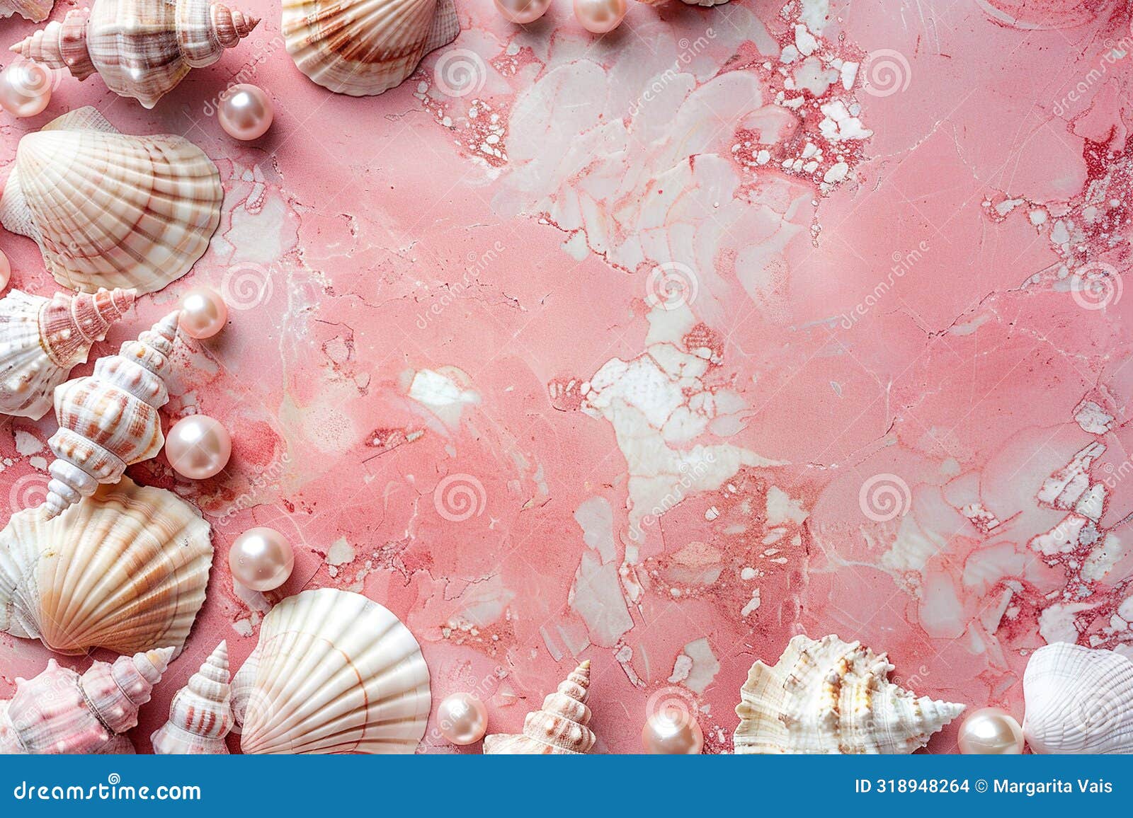 Border Frame Template of Various Shells and Pearls on Pink Marble ...