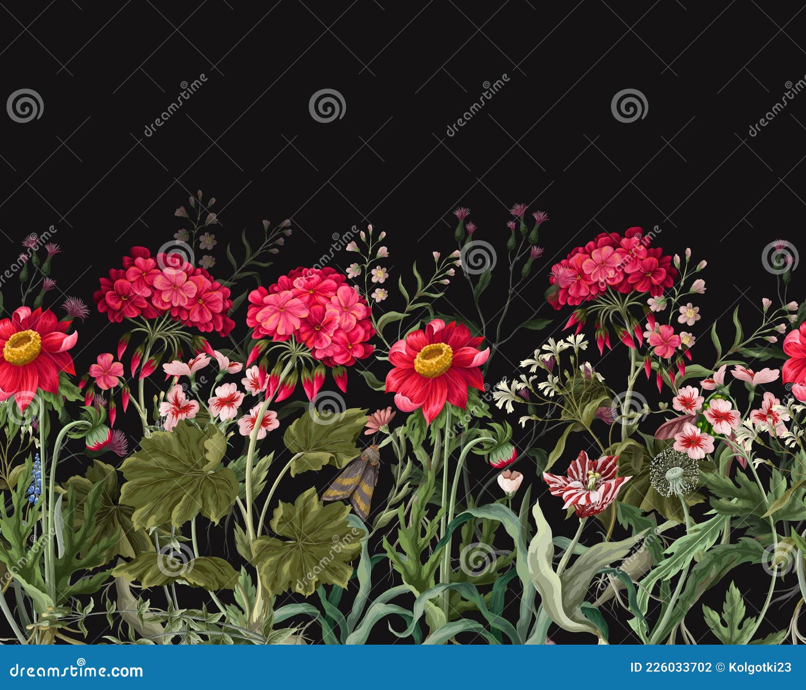 Border with Geraniums and Wild Flowers. Trendy Floral Vector Print ...