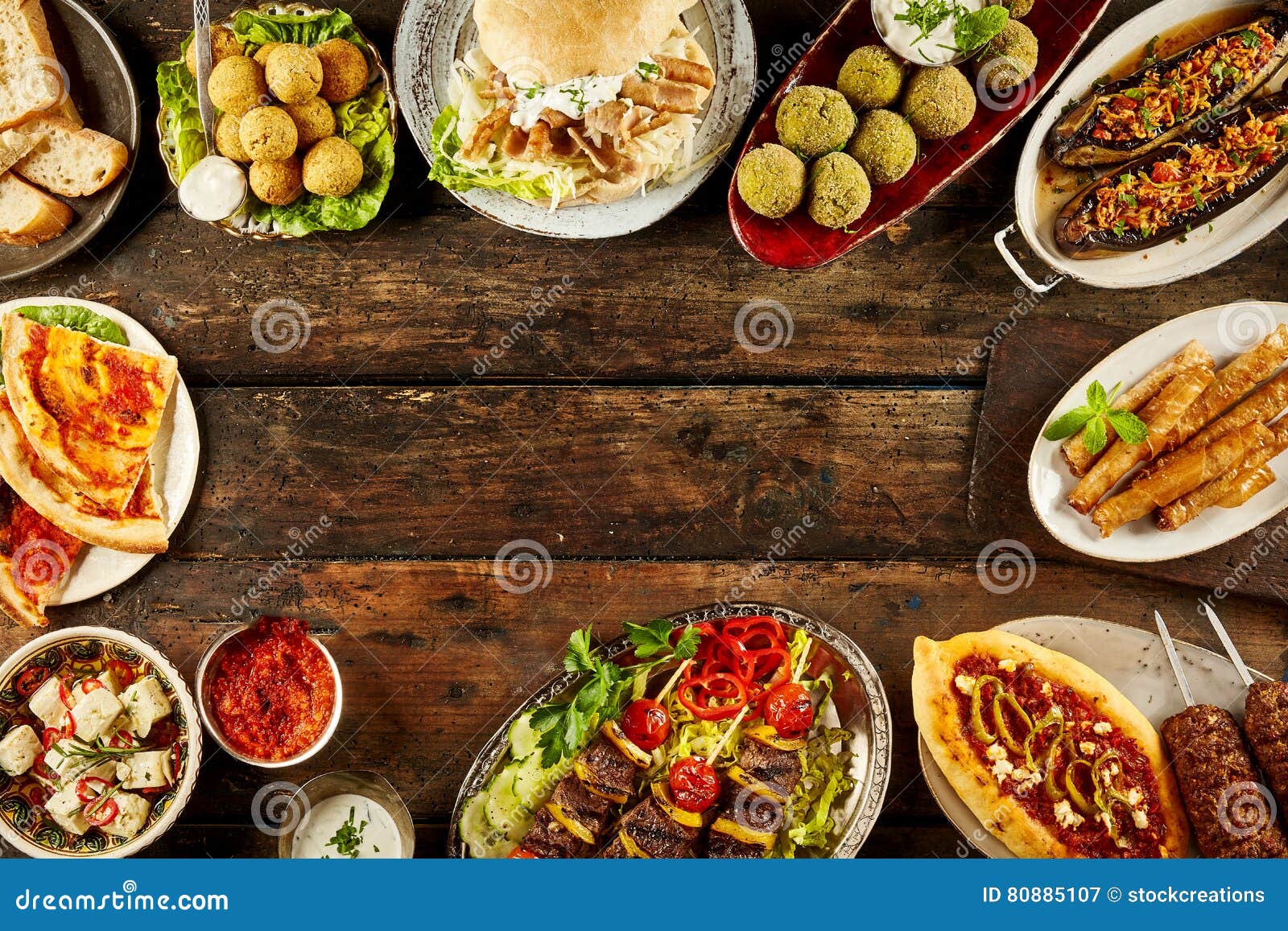 Border of Mediterranean Dishes and Bread on Table Stock Image - Image ...