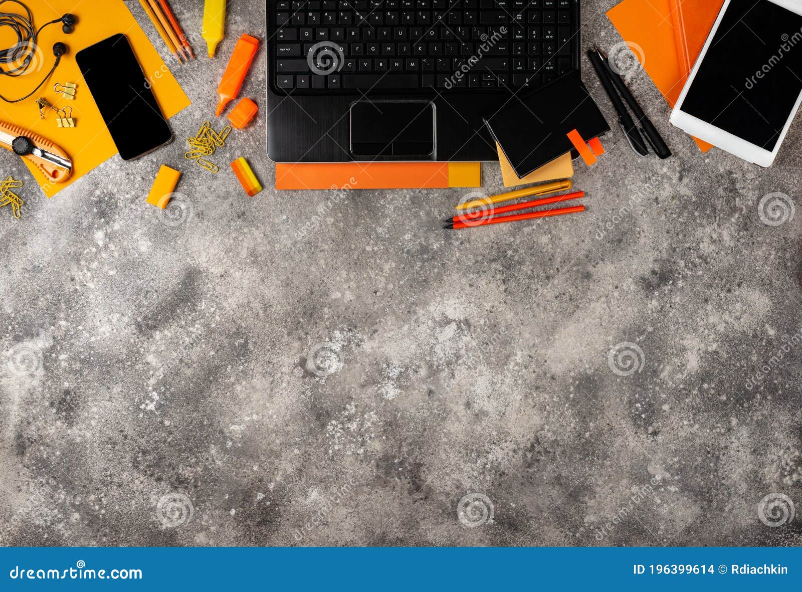 Border from Office Supplies and Gadgets on the Desk. Top View with Copy ...