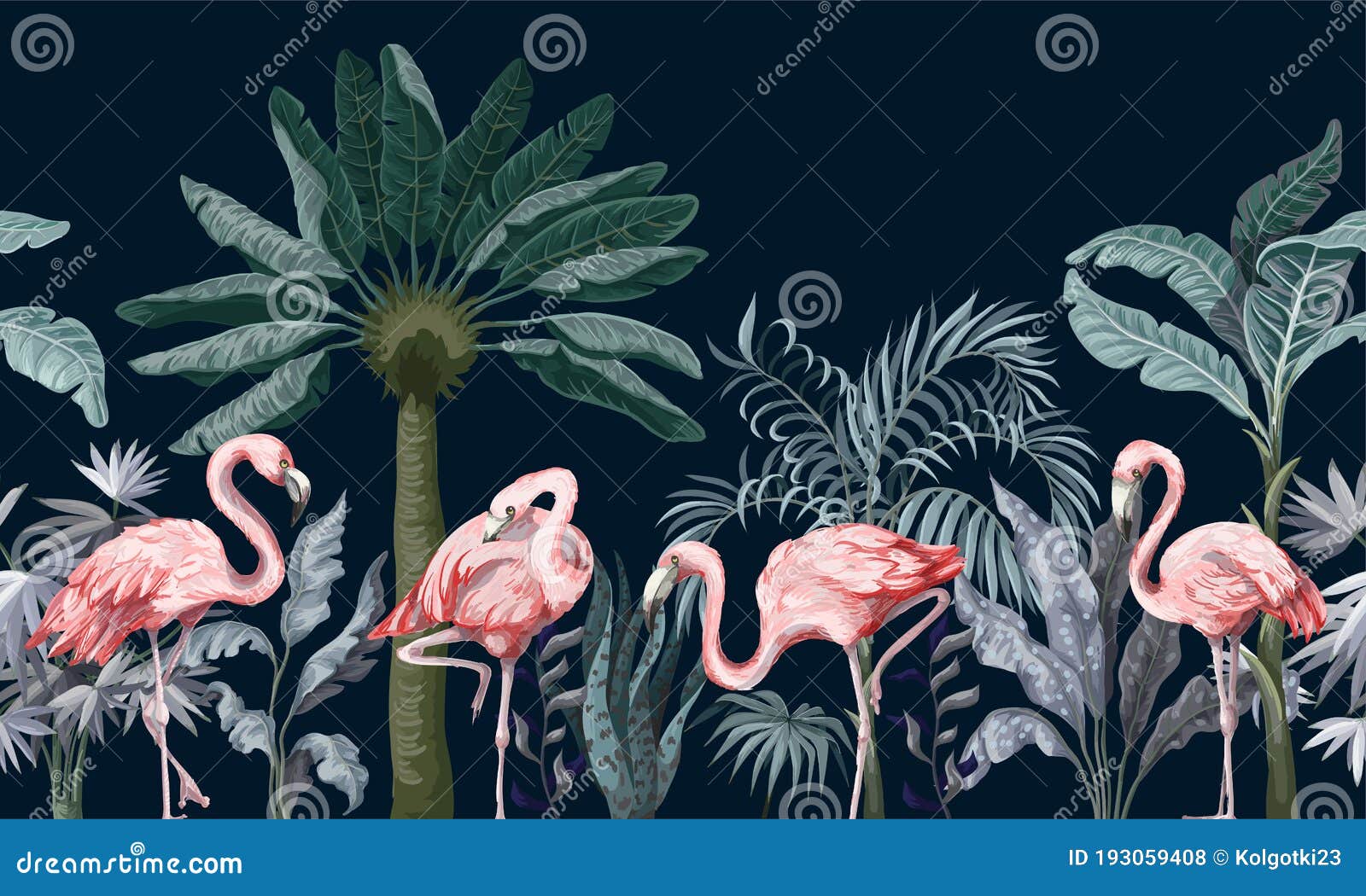 Border with Pink Flamingo in the Jungle. Vector. Stock Vector ...