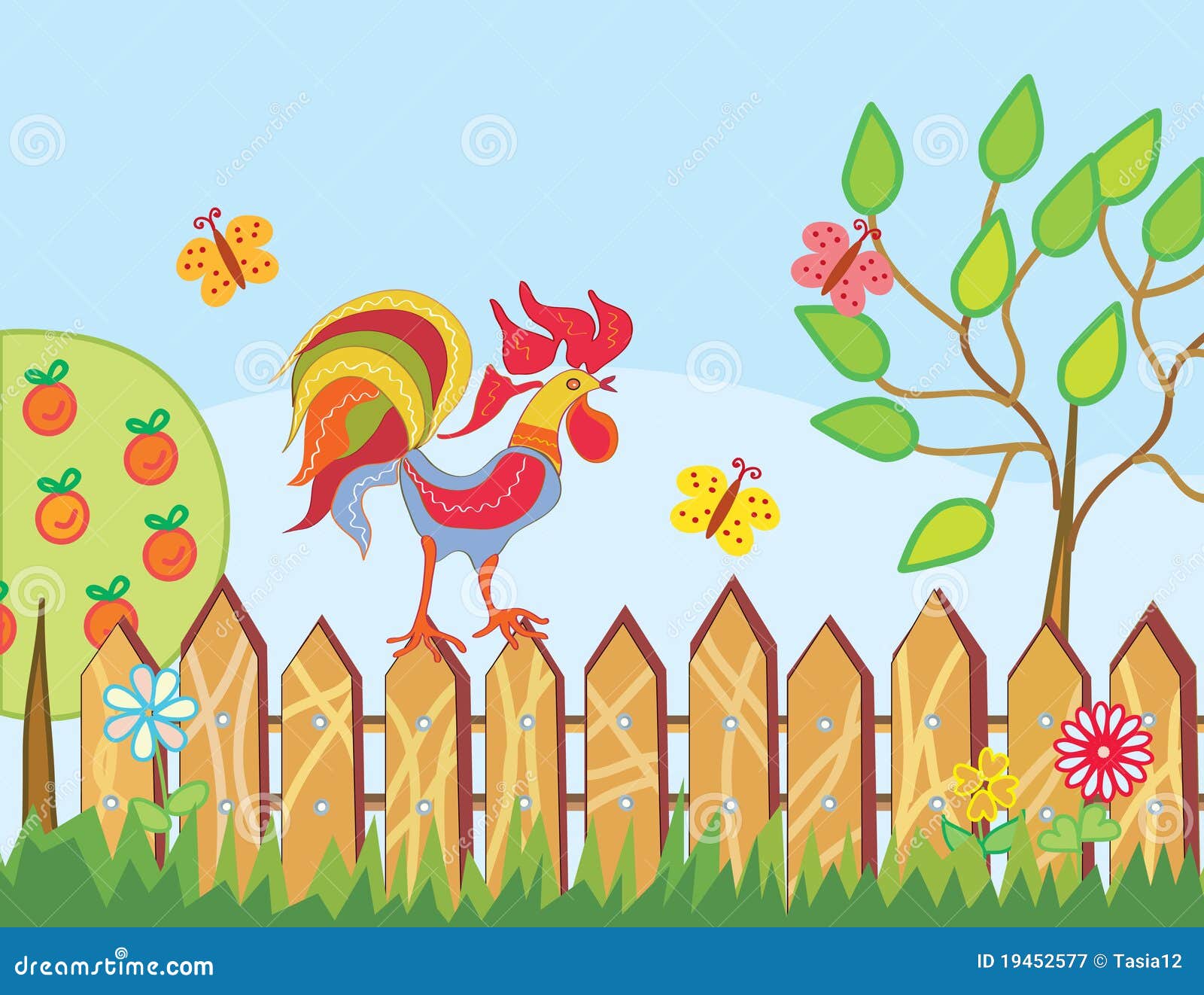 Border with Rooster, Trees and Flowers Stock Vector - Illustration of ...