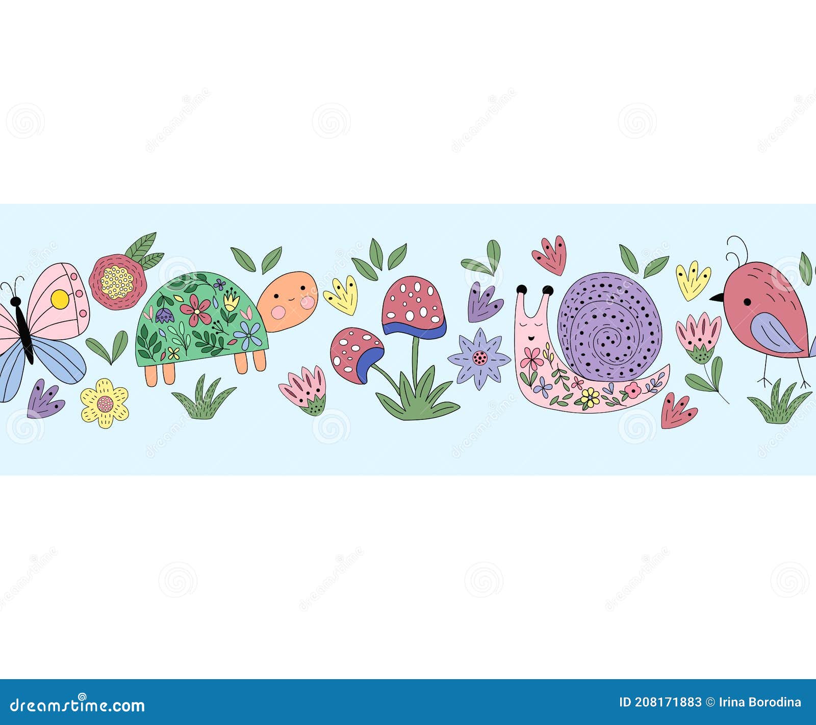 Border of Spring Elements - Flowers, Bird, Turtle Stock Illustration ...