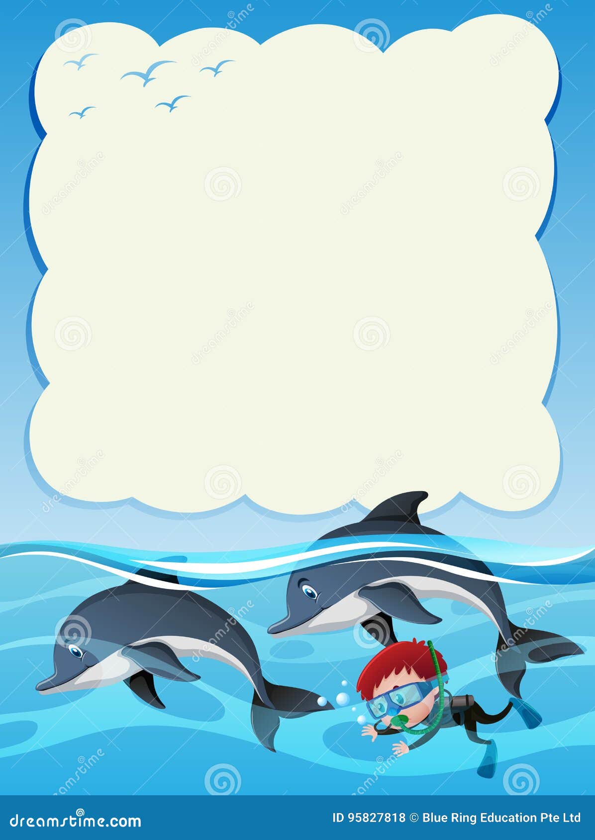 Border Template with Boy Diving with Two Dolphins Stock Vector ...