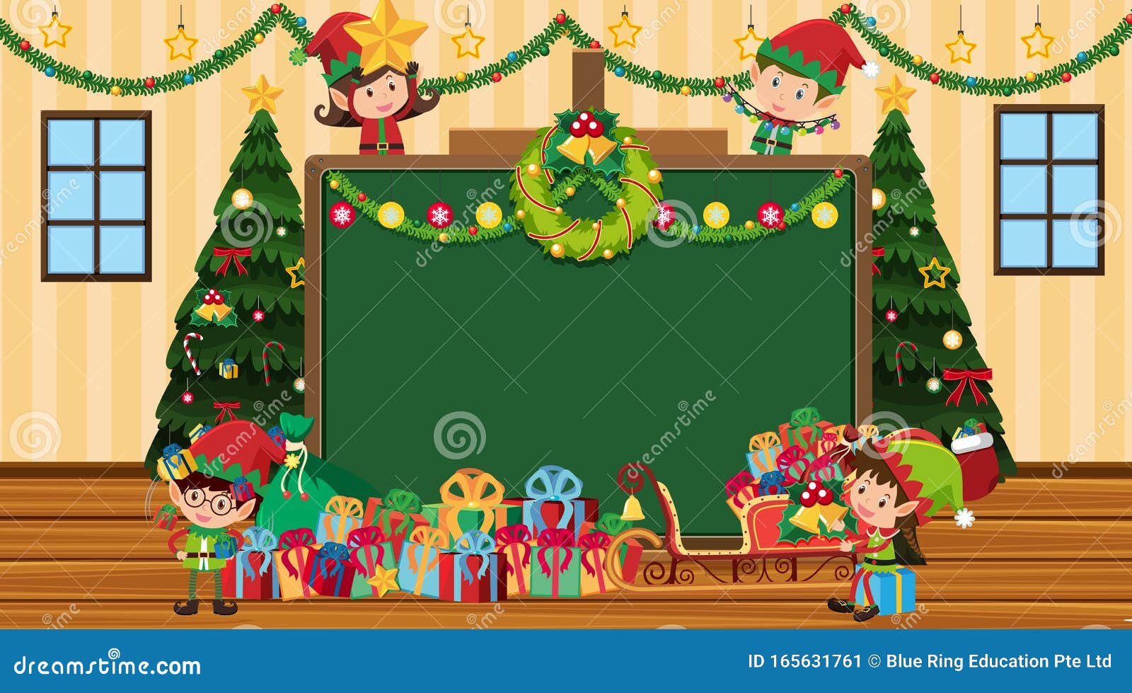 Border Template with Christmas Tree and Elves Stock Illustration ...