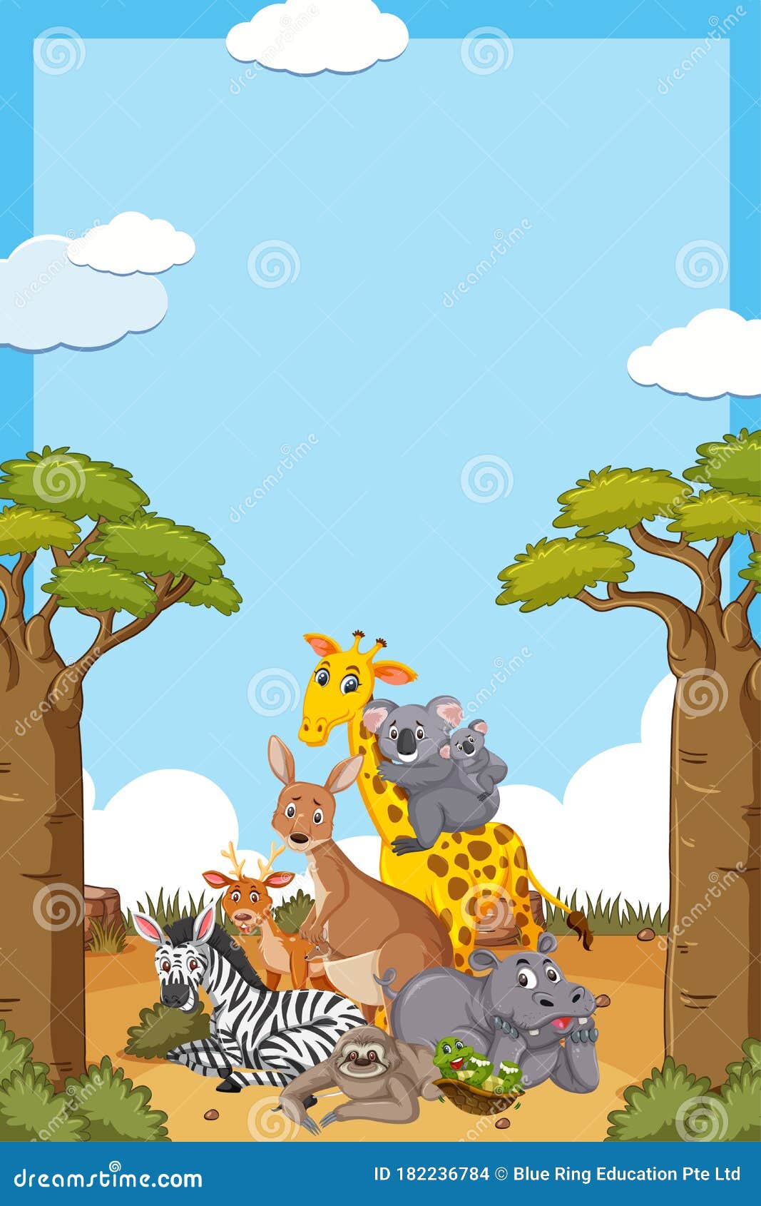 Border Template Design with Many Wild Animals in Background Stock ...