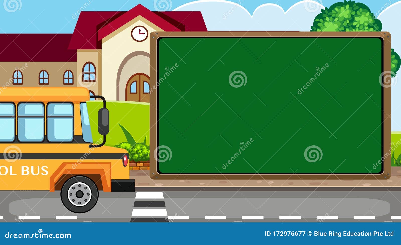 Border Template with School Bus and School Stock Vector - Illustration ...