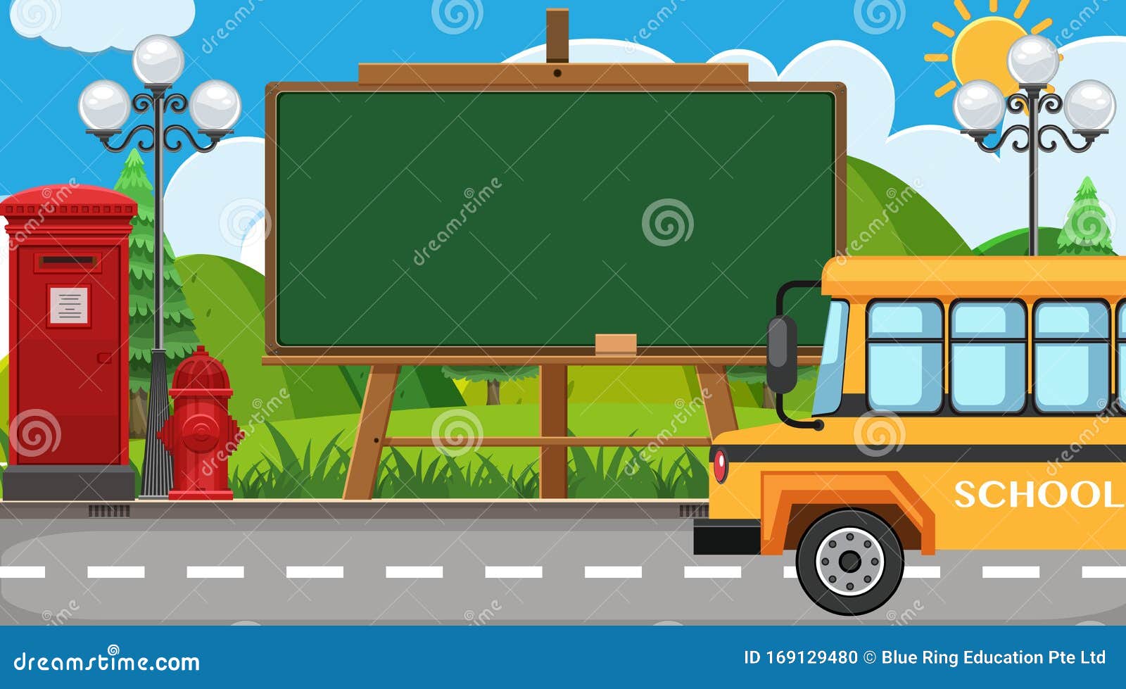 Border Template With School Bus On The Road Stock Vector - Illustration ...