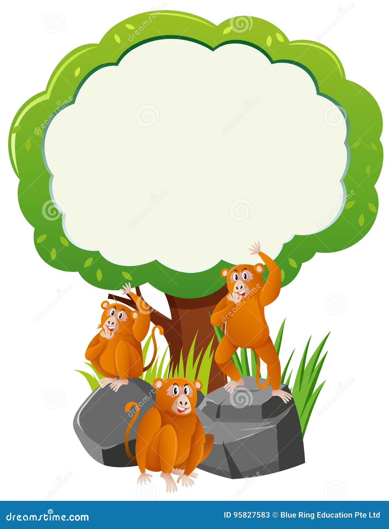 Border Template with Three Monkeys Under Tree Stock Vector ...