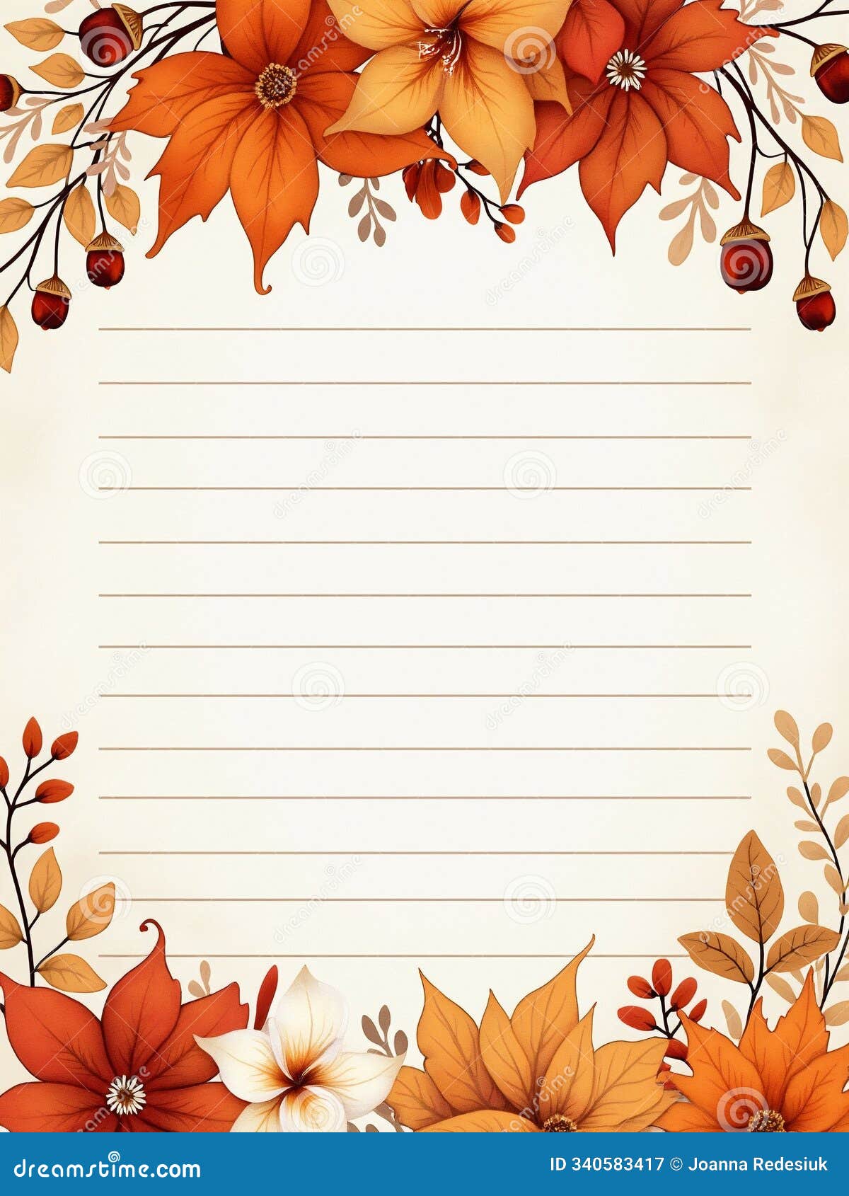 Border of Vibrant Orange Flowers and Leaves Frames a Lined Notepad ...