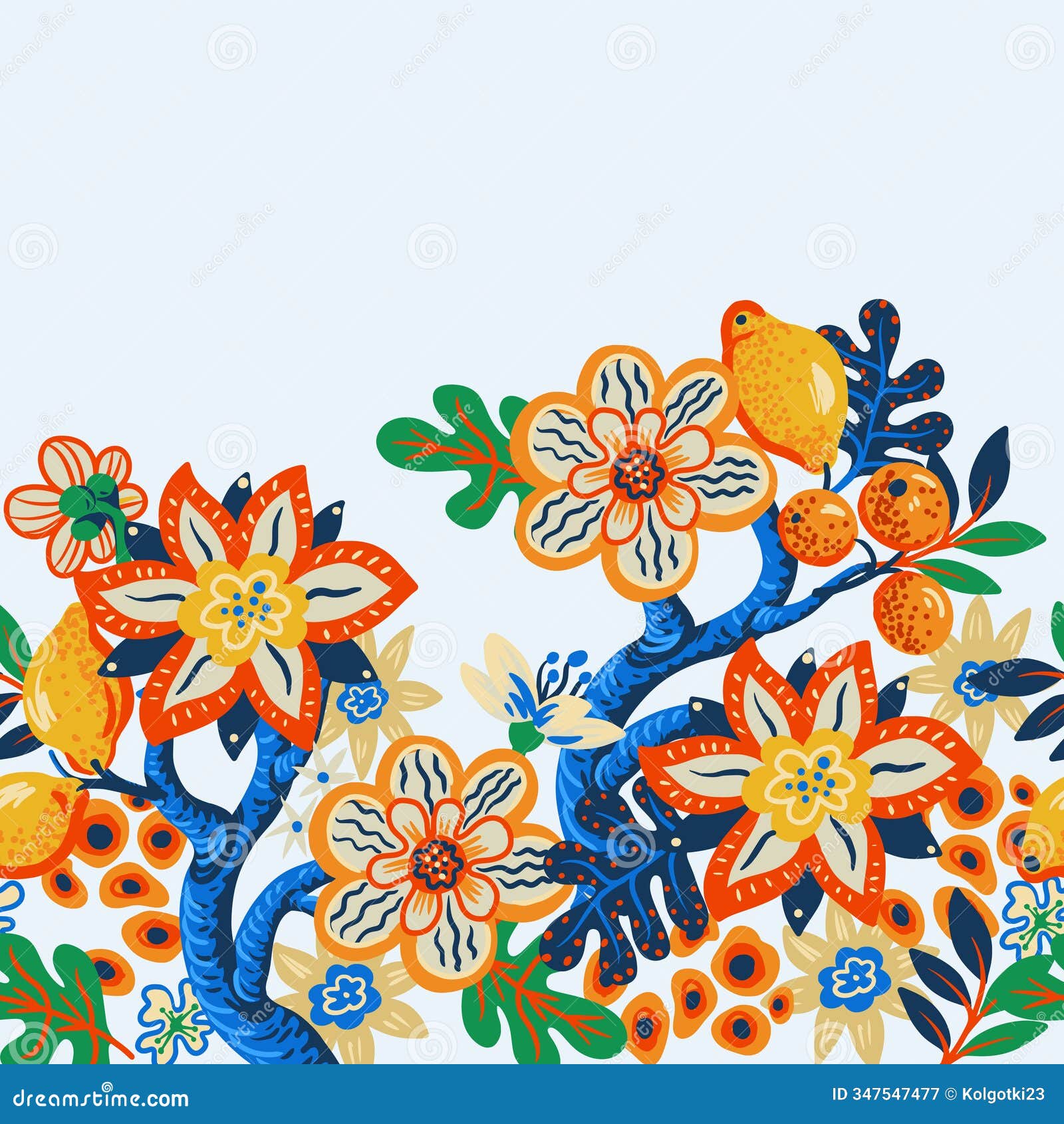 Border with Vivid Simple Flowers and Lemons. Vector. Stock Vector - Illustration of lemon ...