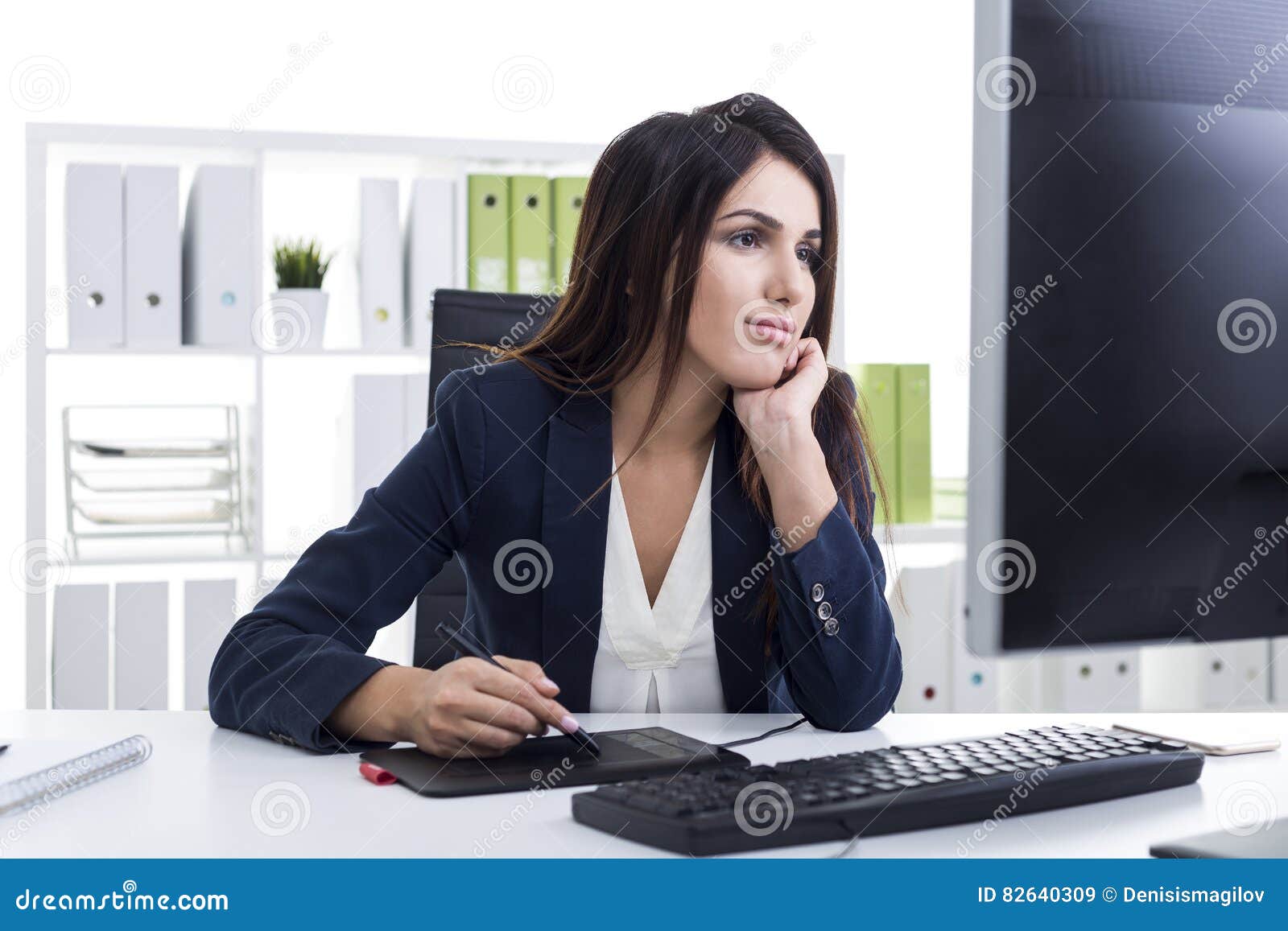 Bored Brown Haired Girl Drawing with Her Pen Tablet Stock Image - Image ...