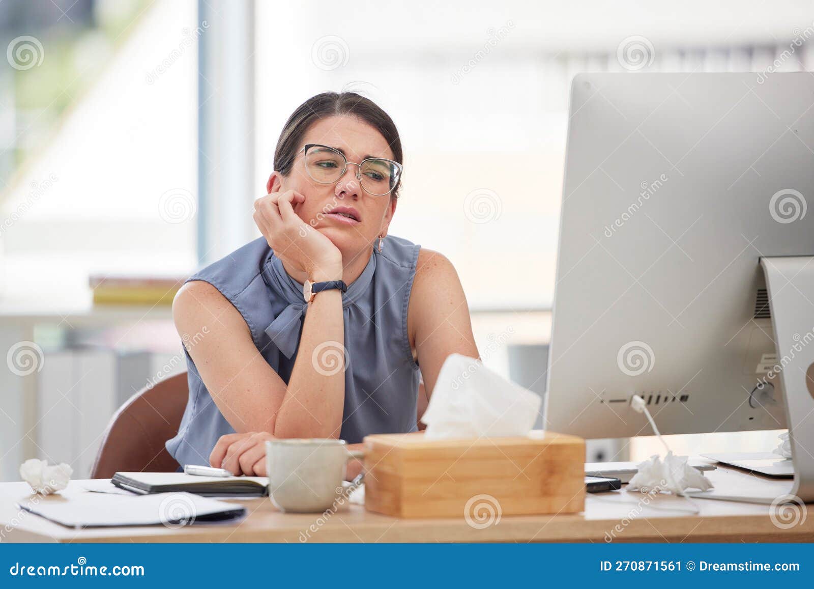 Bored, Burnout and a Business Woman Using a Computer at Work while ...