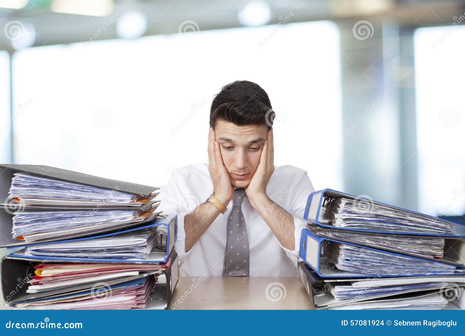 Bored Businessman in Office with Files Stock Photo - Image of tired ...