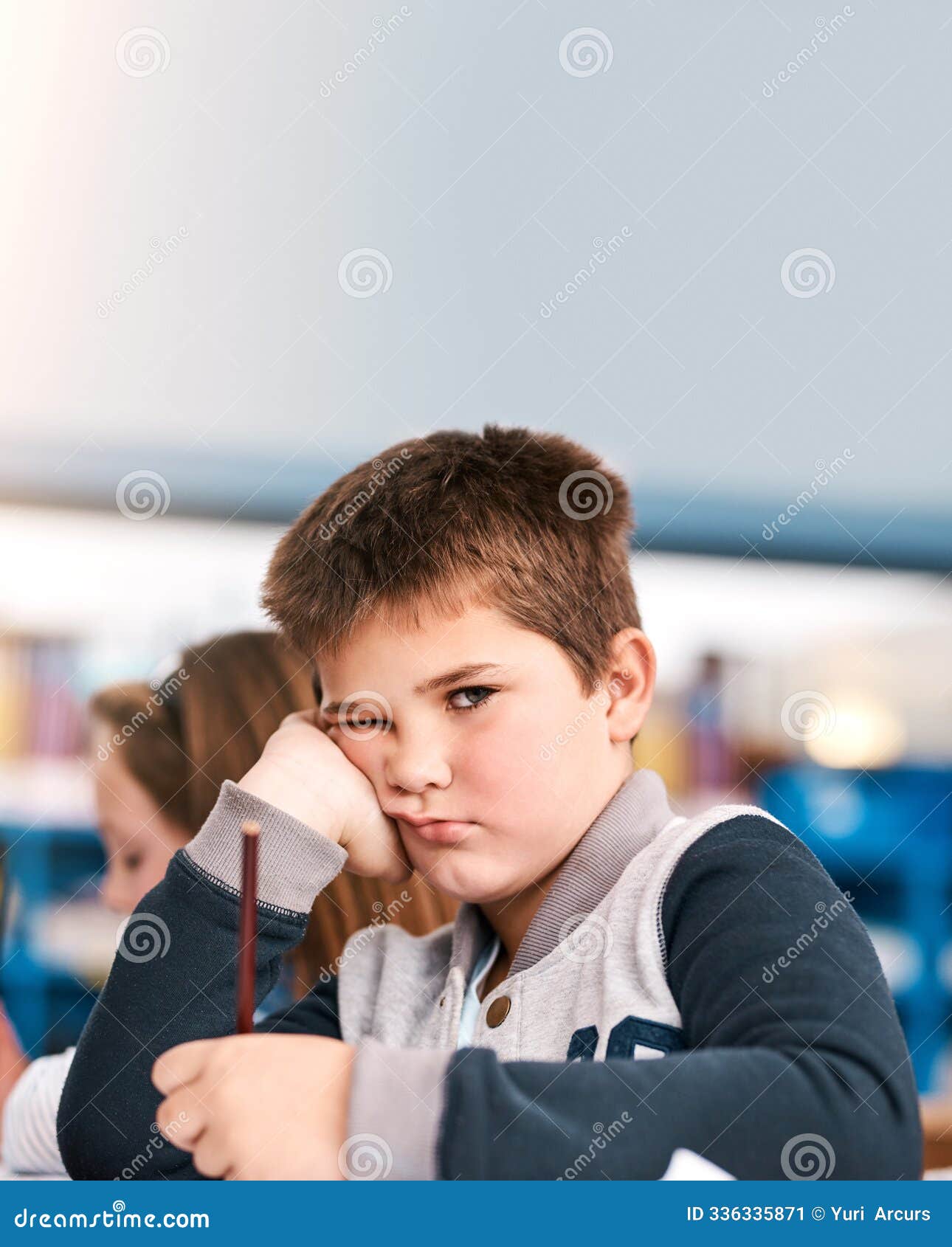 Bored, Education and Portrait of Boy Student in Classroom of School for ...